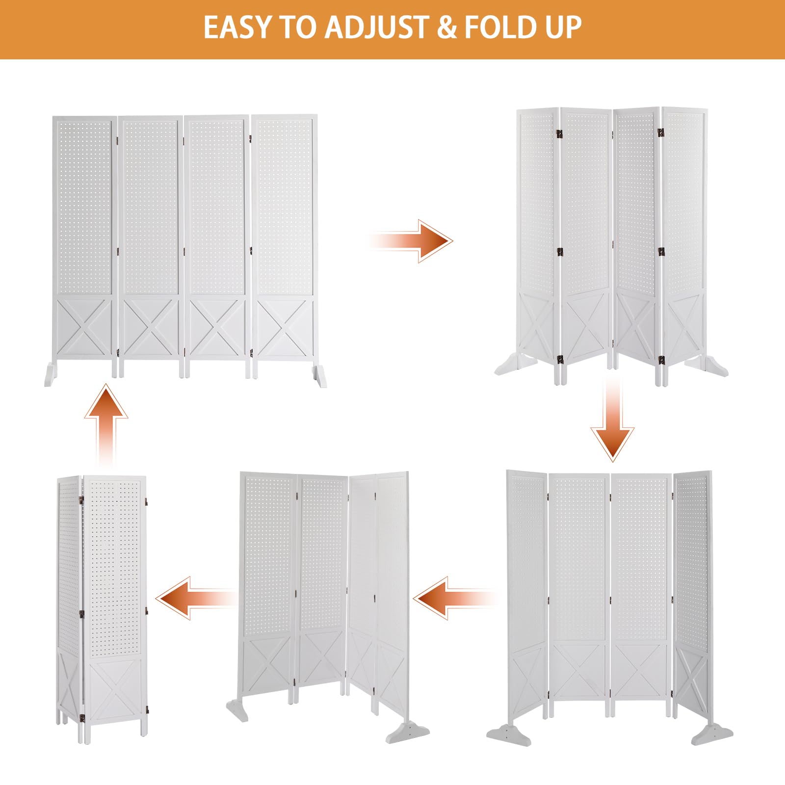 VINGLI Freestanding Pegboard with Support Feet, 5 FT Wood Room Divider Display Board Organizer, Folding Privacy Screen Partition Space Separator for Craft Shows Events Retail (White, 4 Panel)