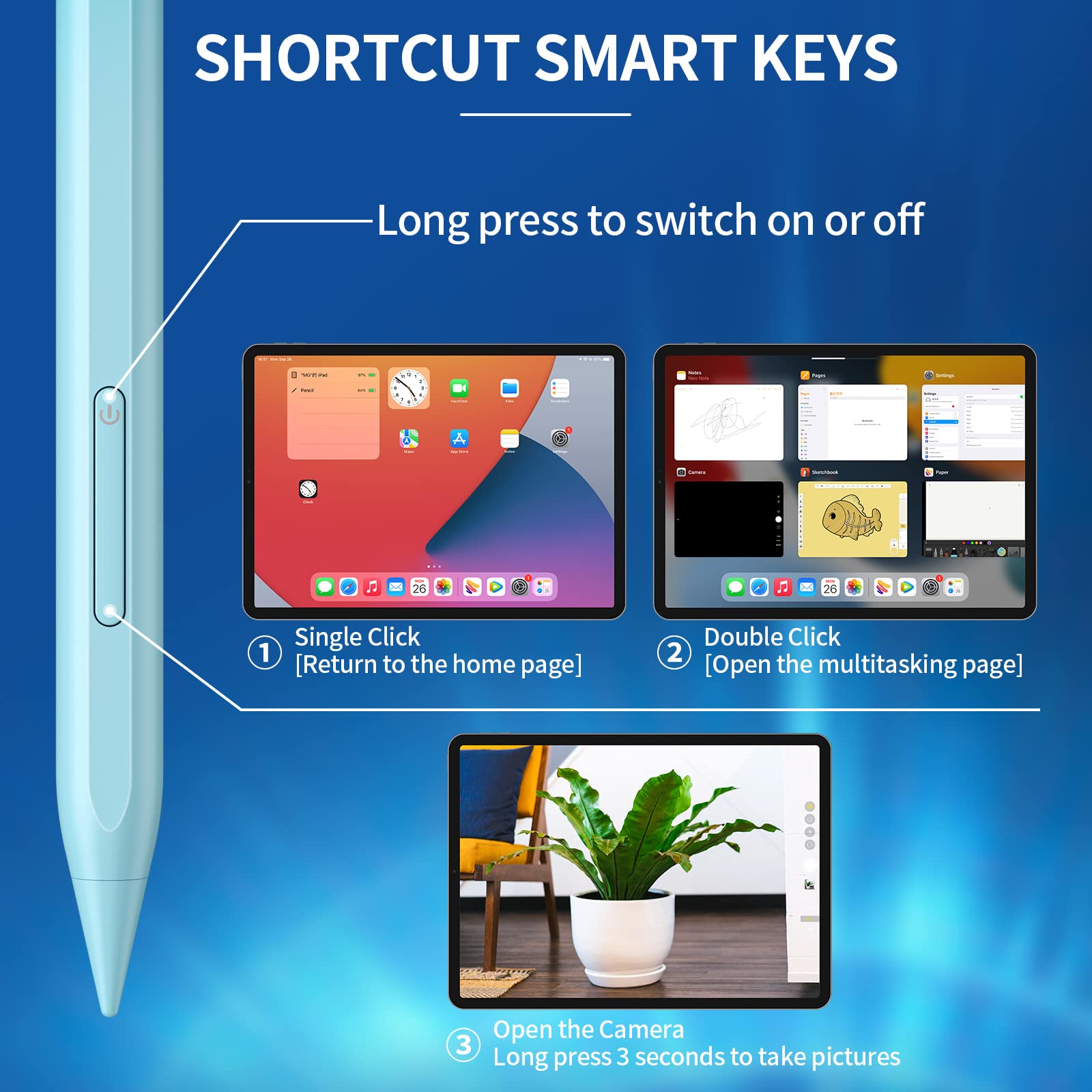 Stylus Pen for iPad with Palm Rejection, Bluetooth Active Pencil Compatible with (2018-2022) iPad 8th/7th/6th, Pro 11/12.9 in, Air 5th/4th/3rd, Mini 5th/6th, Tilt Sensitive (Gradient Sky Blue)
