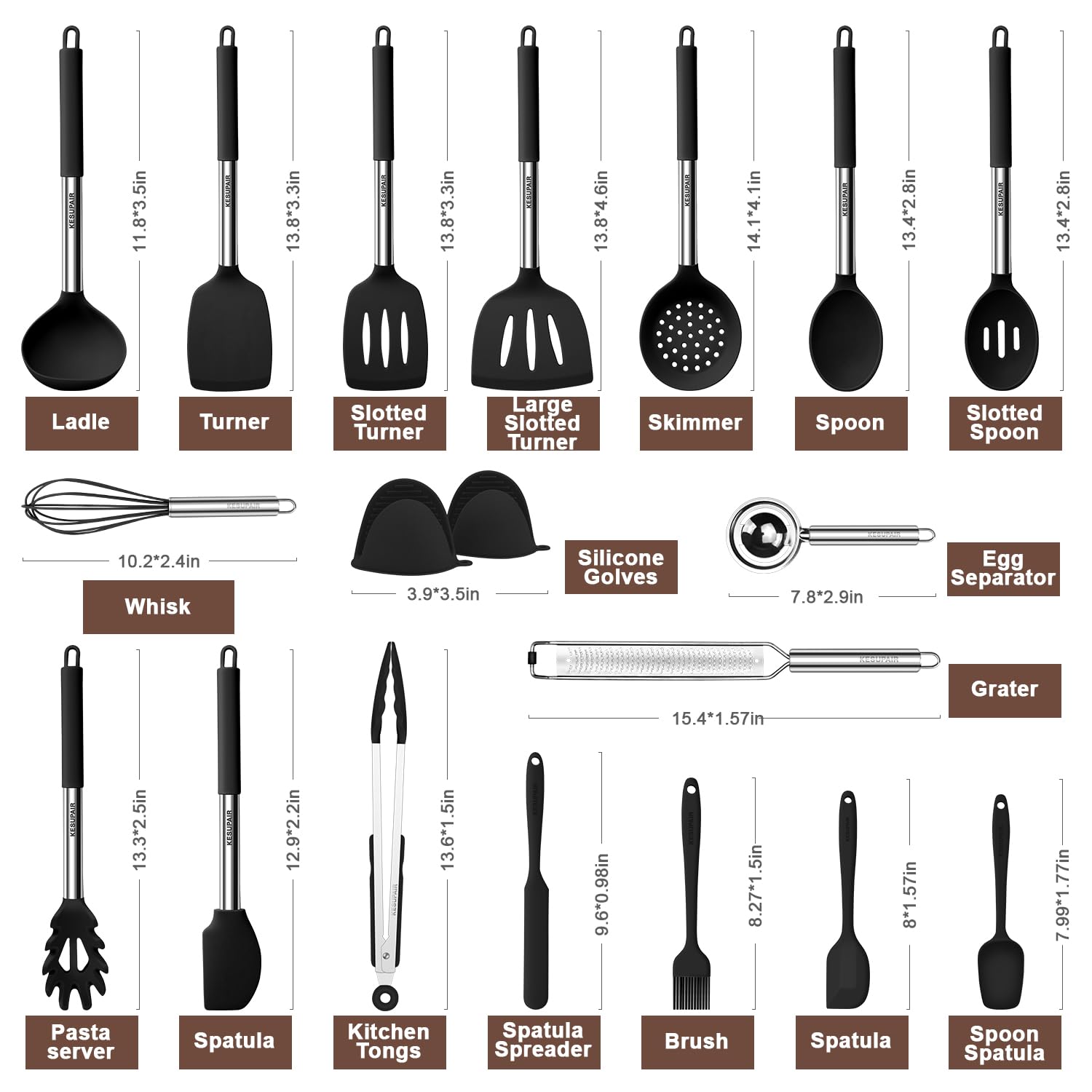 KESUPAIR Silicone Kitchen Utensils Set, 20 pcs Cooking Utensils Set-Cooking Utensil - Kitchen Gadgets and Tools with Holder-Stainless Steel Kitchen Utensil with Grater,Turner,Tongs (Black)