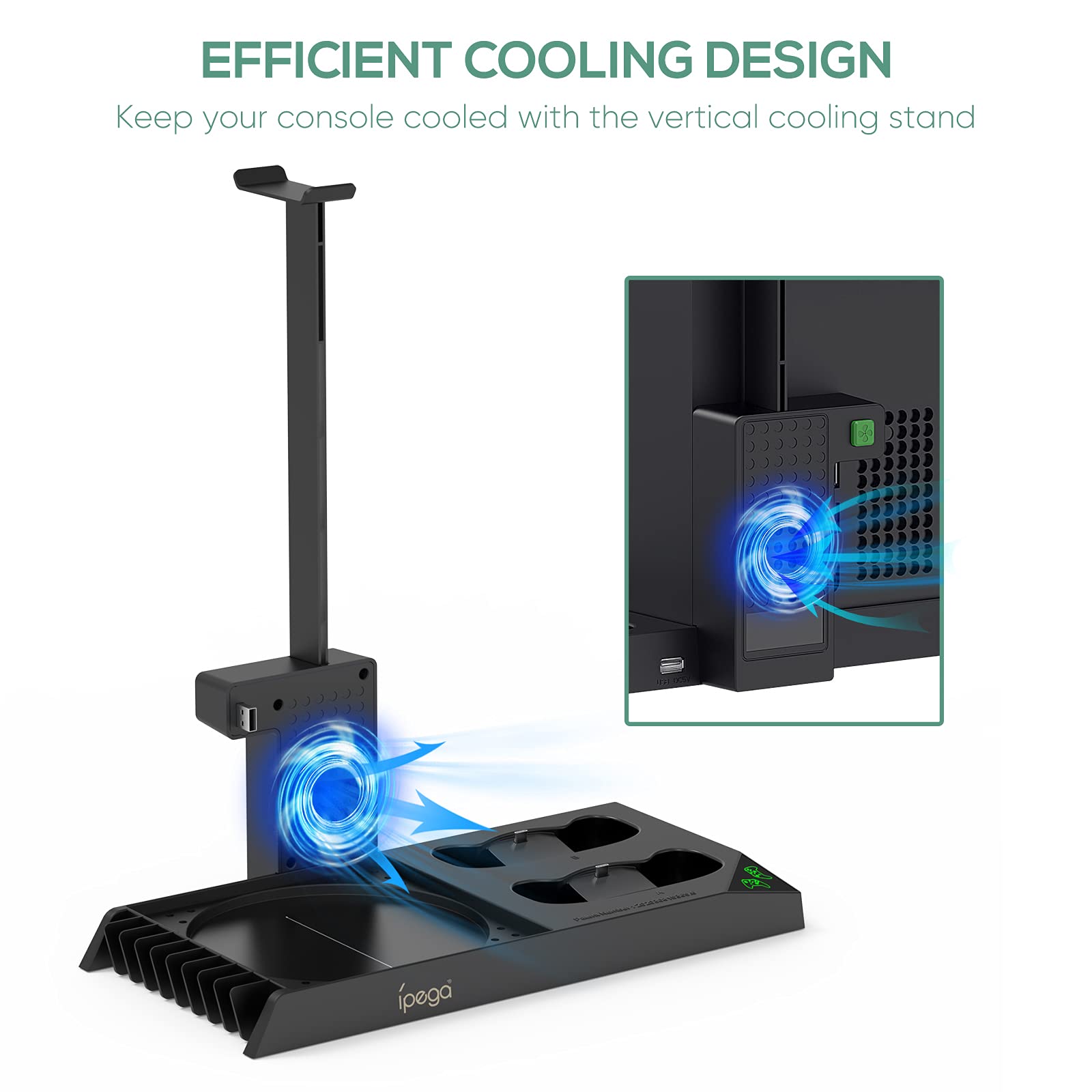 MENEEA Vertical Cooling Stand for Xbox Series X Controller & Console, Charging Station Dock Accessories with 2 Packs 1400mAh Rechargeable Batteries, Headset Stand & Game Slot Storage Organizer