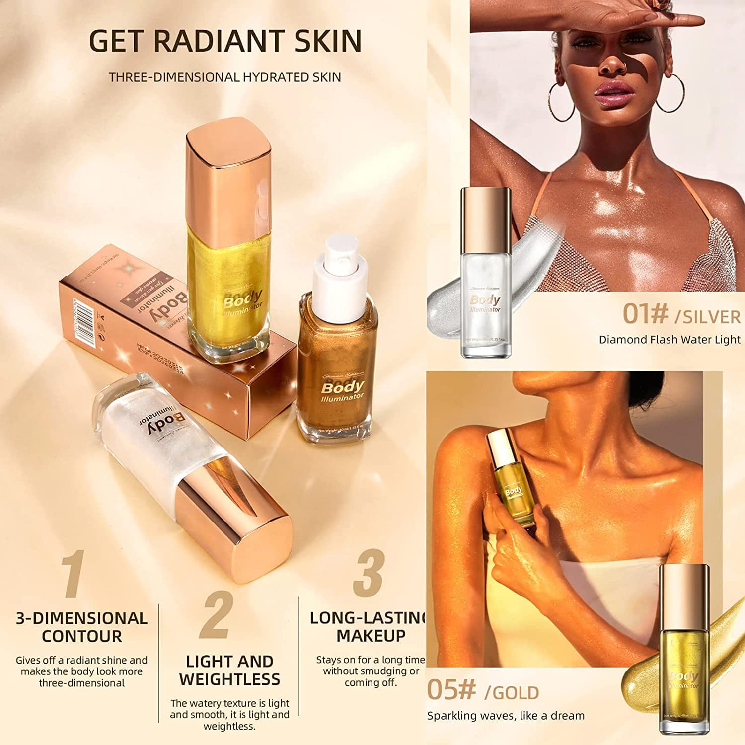 Melemando Moisturizing Body Luminizers 5 Colors Smooth and Shimmer Body Oil Long Lasting Liquid Body Highlighter for Face & Body & Leg (40ml, 02 Rose Gold)