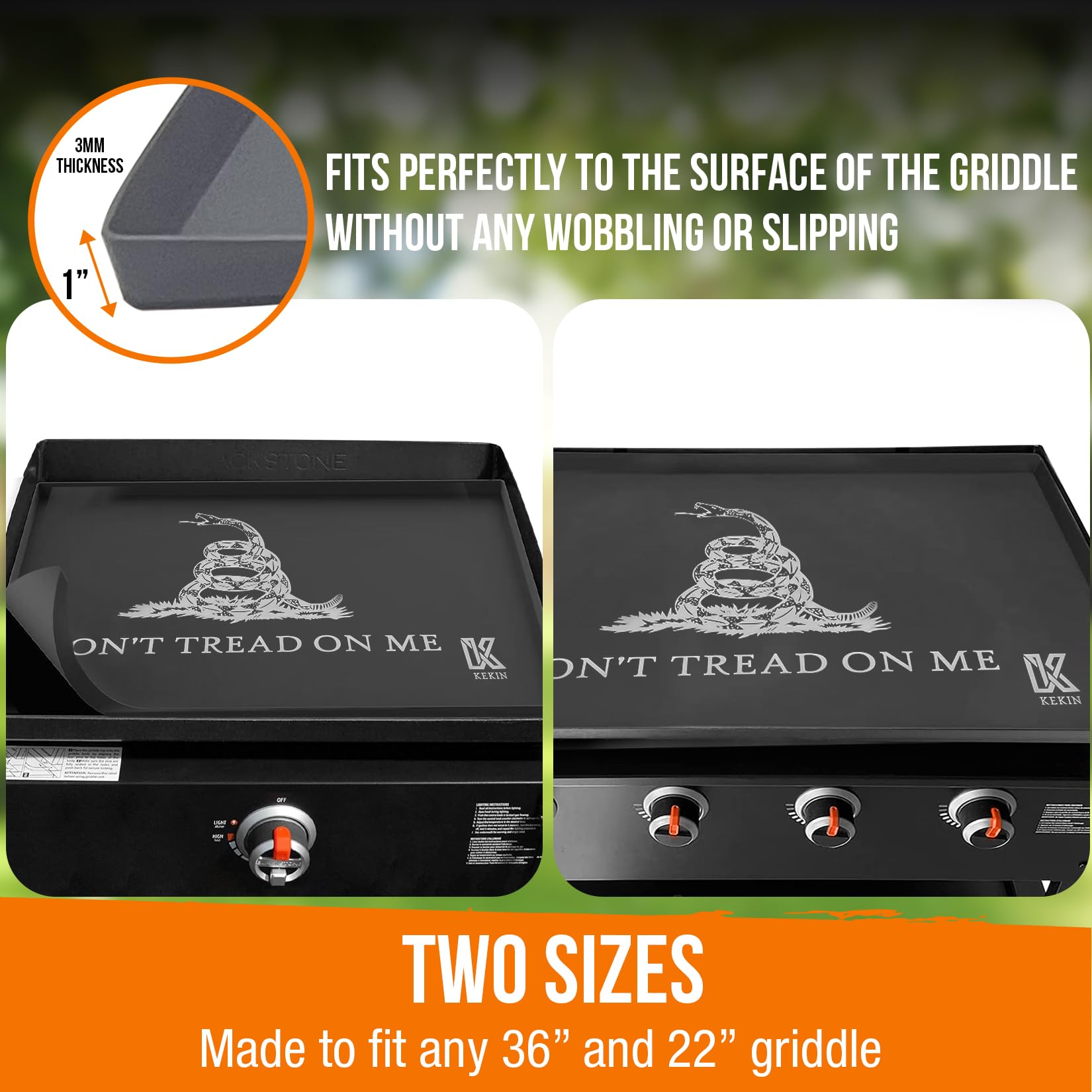 KEKIN Silicone Griddle Mat, griddle cover, Don't Tread On Me (36" Black) Heavy Duty 3mm Food Grade Blackstone Silicone griddle cover, Protect your Griddle from Insects, Debris, and Rust.