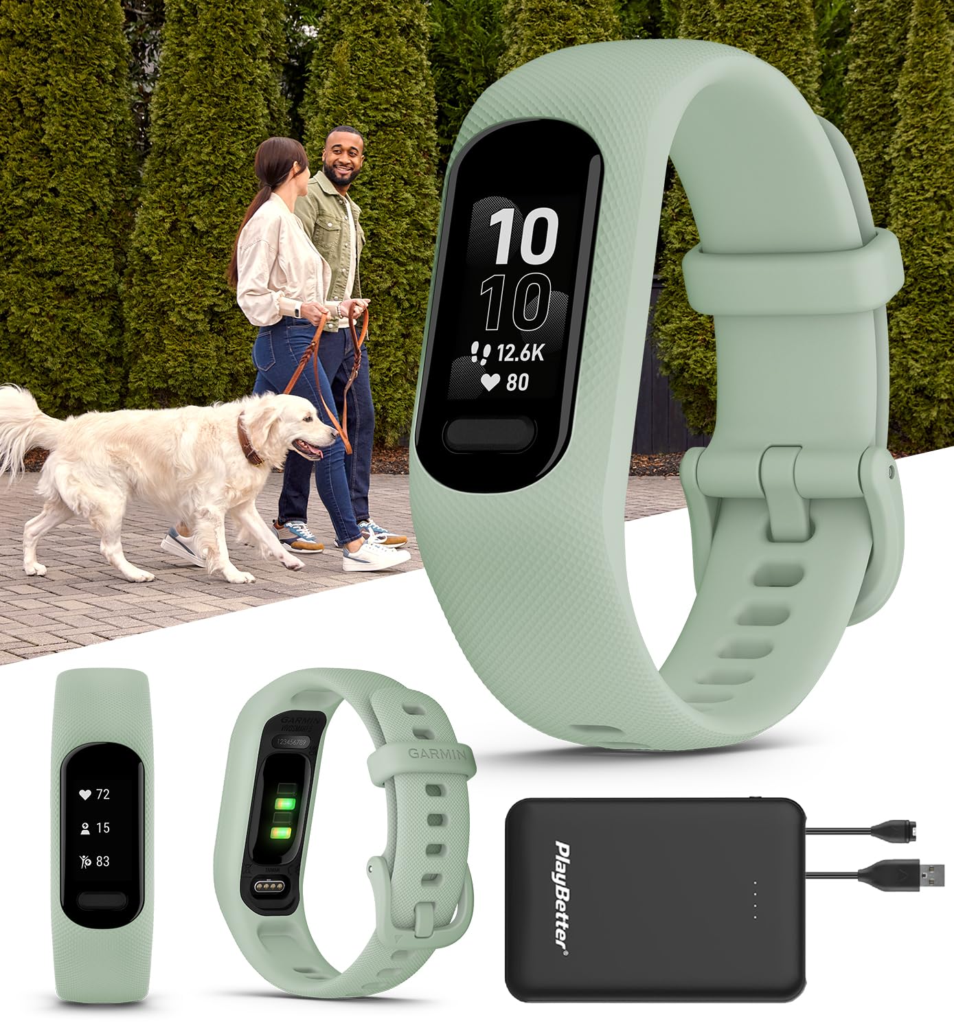 PlayBetter Garmin vivosmart 5 (Mint, S/M) Fitness Tracker Bundle - Easy to Use Wrist Watch with Heart Rate Monitor, Sleep Tracker, & Phone GPS - includes 5000mAh Portable Charger