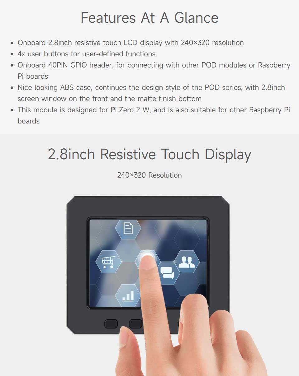Waveshare 2.8inch LCD Expansion Module, Compatible with Raspberry Pi Zero/Zero 2 W Series Boards, 240 × 320 Resistive Touch Screen, Works with Other POD Modules