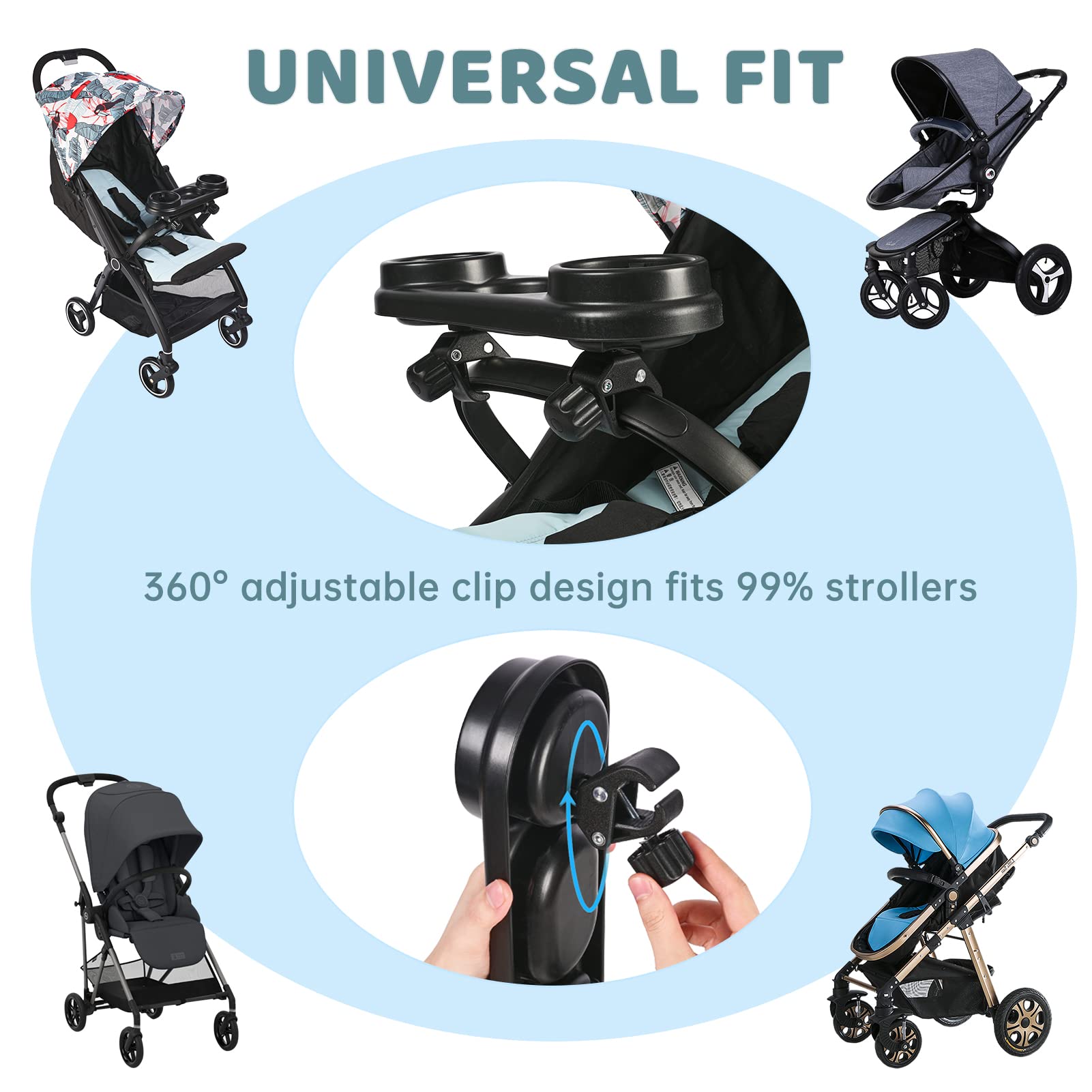 Stroller Child Snack Tray with Cup Holder,Child Snack Tray Multifunction Stroller Organizer,Non Slip Grip Clip Firmly Grip Stroller Bar,Universal Stroller Snack Attachment