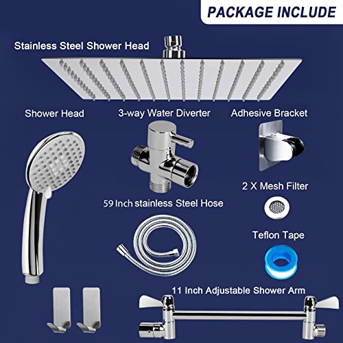 Shower Head Combo with 11'' Extension Arm,High Pressure Rain Shower Head with Handheld Shower Spray and Holder/ 1.5M Hose,Dual Rainfall Showerhead Set,Chrome (12 Inch)