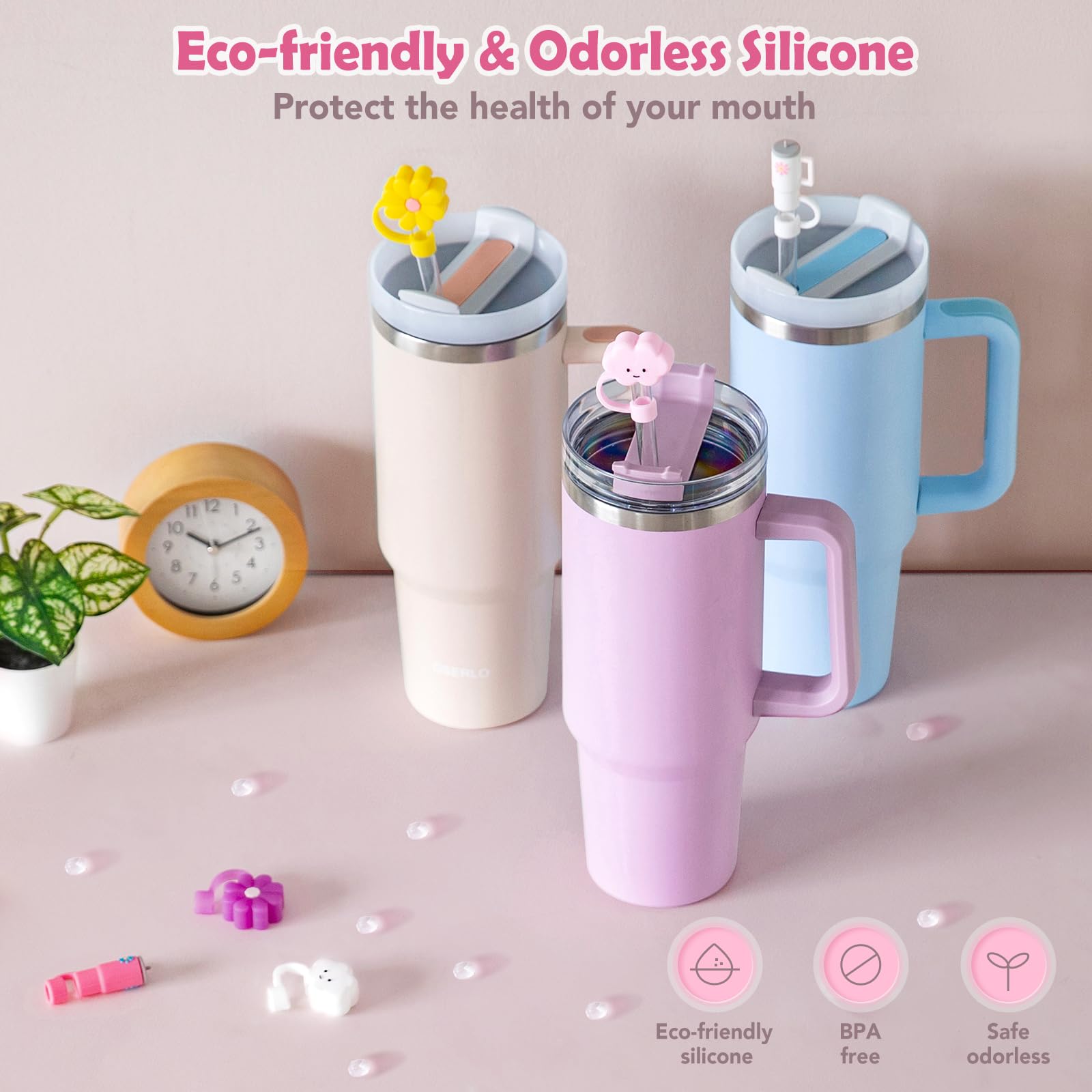 Stanley Straw Cover, 6PCS Silicone Straw Cover Cap for Stanley 40&30 Oz Cup, 10mm 0.4in Leak-Proof Straw Toppers, Cute Stanley Cup Accessories, Straw Cap Stopper for Reusable Straws Tip Lids(Pink)