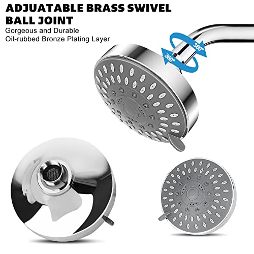 Shower Head High Pressure - OSUUQZS Rain Fixed Showerhead 5- Setting 4.1"High Flow Showerhead - with Adjustable Brass Ball- For Low Pressure Water (Chrome)