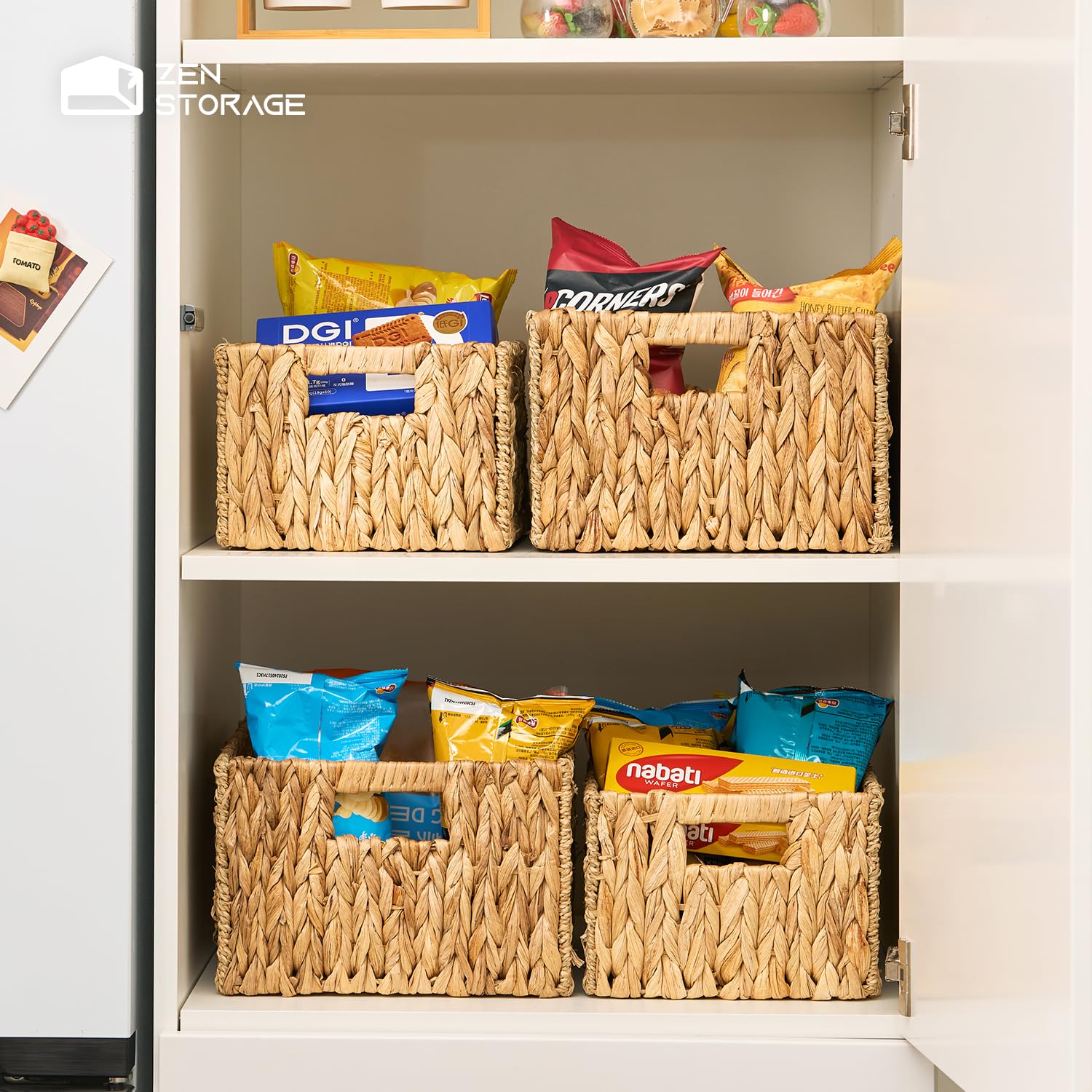 Wicker Storage Basket with Built-in Handle, Water Hyacinth Storage Basket for Shelf/Cabinet, Square Wicker Basket for Towel/Book/Magazine/Toy/Blanket/DVD, Set of 2, Large and Small