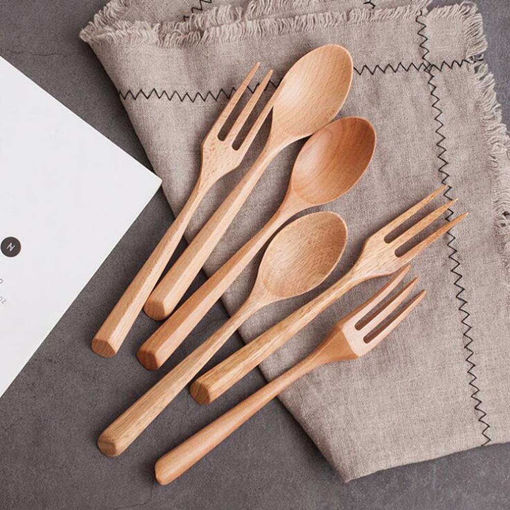 Kyien 6Pcs Wood Soup Spoons And Forks Sets Natural Wood Eating Utensils Wooden Flatware Set,Eco Friendly Wood Cutlery Wooden Dinner Fork And Spoon,3 Spoons and 3 Forks