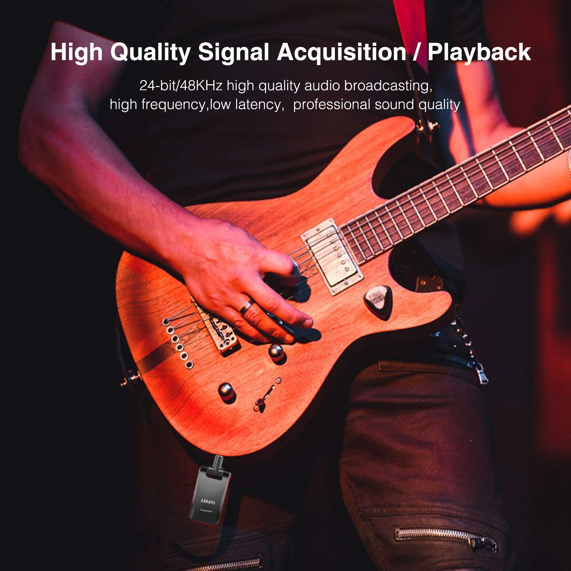 LEKATO Wireless Guitar System 2.4GHz Rechargeable Audio Wireless Transmitter Receiver 6 Channels for Guitar Bass Electric Instruments, Stereo and Mono 1/4โ & 1/8โ 2 in 1 Plugs,Black(WS-60)