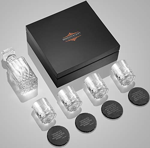 Mixology Whiskey Decanter and Glass Set for Men, Crystal Bourbon Decanter Set with 10oz Whiskey Glasses in a Classy Gift Box, Perfect for Scotch, Bourbon and Cognac - Gifts for Men