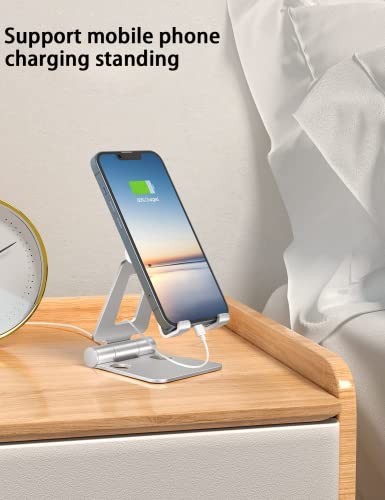 xwyebo Dual Folding Cell Phone StandPortable Aluminum Phone Holder,Adjustable Phone Dock Cradle Compatible, Fully Adjustable Foldable Desktop Phone Holder with iPhone 14/13/12/11 Pro Max(Silver)