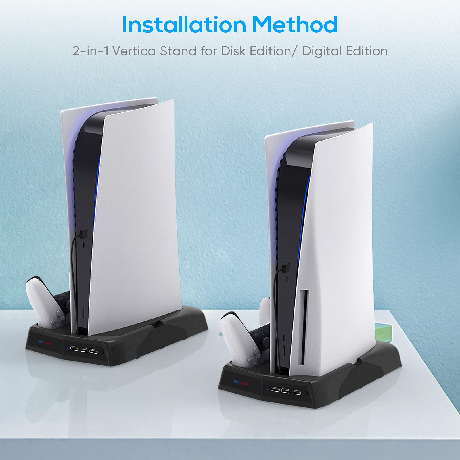 MENEEA Vertical Stand for PS5 Digital Edition/Ultra HD with Dual Controller Charging Station & Suction Cooling Fan & 14 Retractable Game Slots, for PS5 Gaming Accessories for PS5 Console