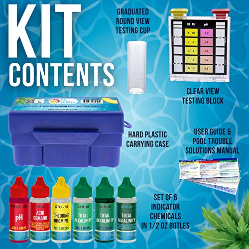 U.S. Pool Supply Premium 5-Way Swimming Pool & Spa Test Kit - Tests Water for pH, Chlorine, Bromine, Alkalinity and Acid Demand - Maintain Properly Balanced Chemical Levels, Algae Sanitizer Indicator