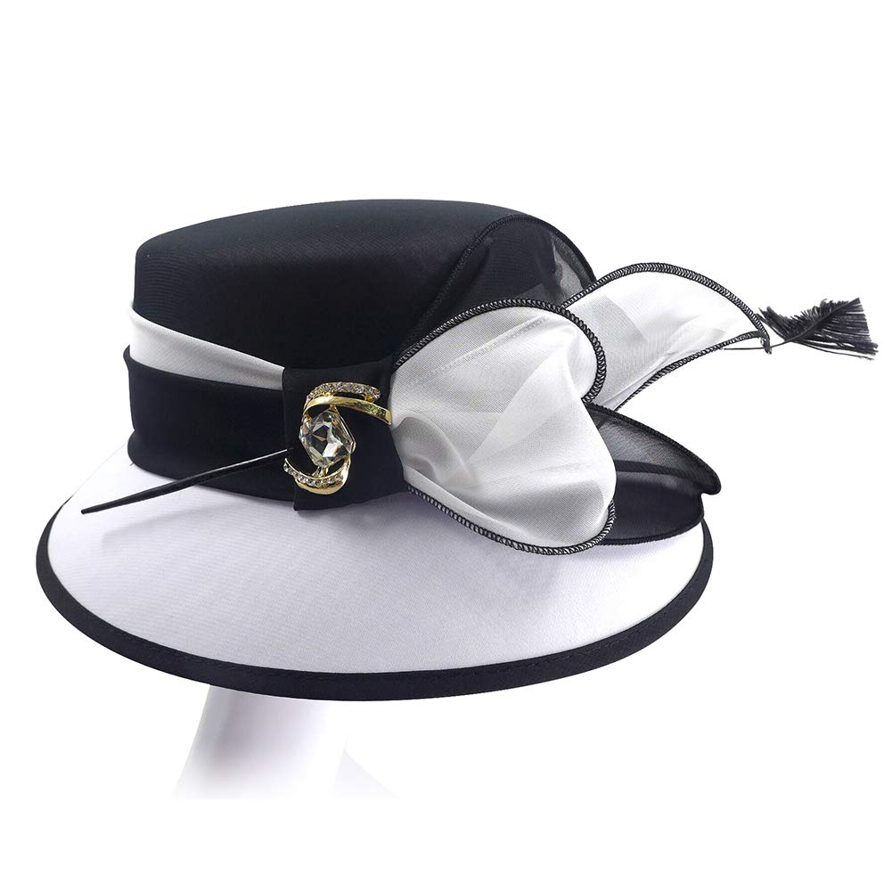 June's Young Women Church Hats Formal Dress Derby Hats with Feather Elegant Bucket Hats (Black/white)