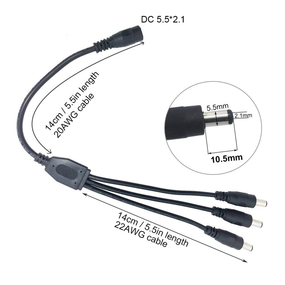 Litever Power Splitter, Black, 3 Way, 1 Female Jack to 3 Male Plugs, 5.5mm x 2.1mm, 1:3, Y Adaptor Copper Cable, for CCTV Camera & LED Strip Lighting Power Supply Connector