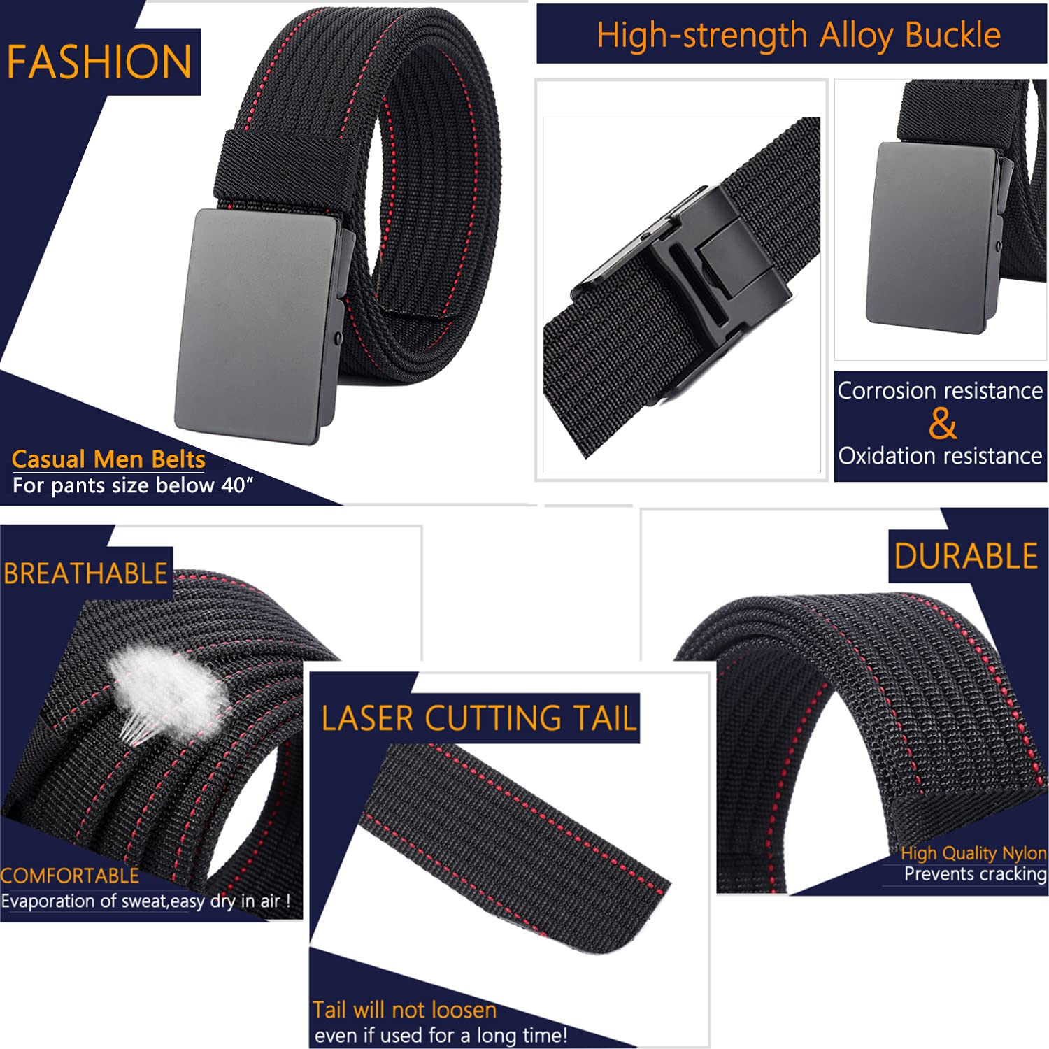 Mens Web Belts for Work, Metal Buckle Field Belt for Outdoor Sport Golf Hiking Skiing, Adjustable for Pants Size Below 46inches[53" Long 1.5" Wide](Black)