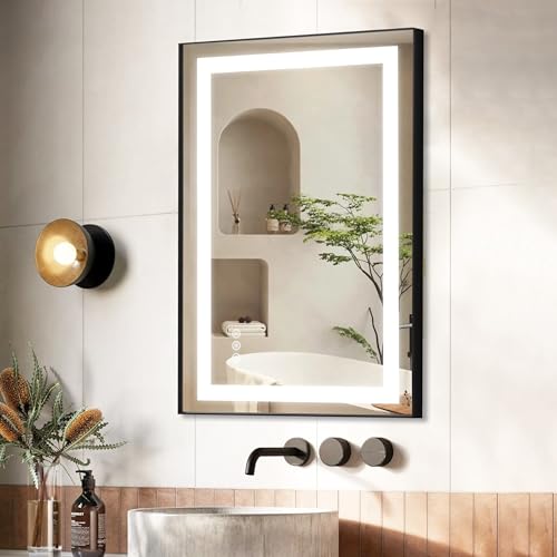 LifeSky LED Bathroom Mirror Framed - 36x24 Anti Fog LED Wall Mounted Lighted Bathroom Mirror - Front Lit Dimmable LED Vanity Mirror Black