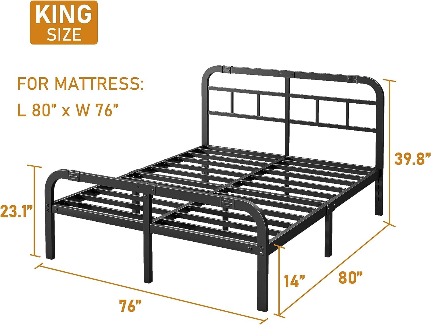 King Size Metal Bed Frame with Headboard and Footboard 14 Inch High, Heavy Duty Steel Slats with 3500lbs Support, No Box Spring Needed, Noise Free,Easy Assembly, Black
