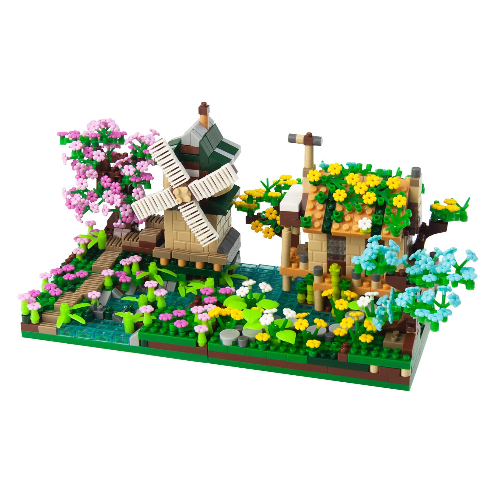 OundarM 2 Sets of Street View Mini Blocks Kit- Cherry Blossom Windmill Bonsai & Cabin Tree Building Blocks Set, Botanical Collection Building Set for Adults, 12+ Teens (1200 Pcs)