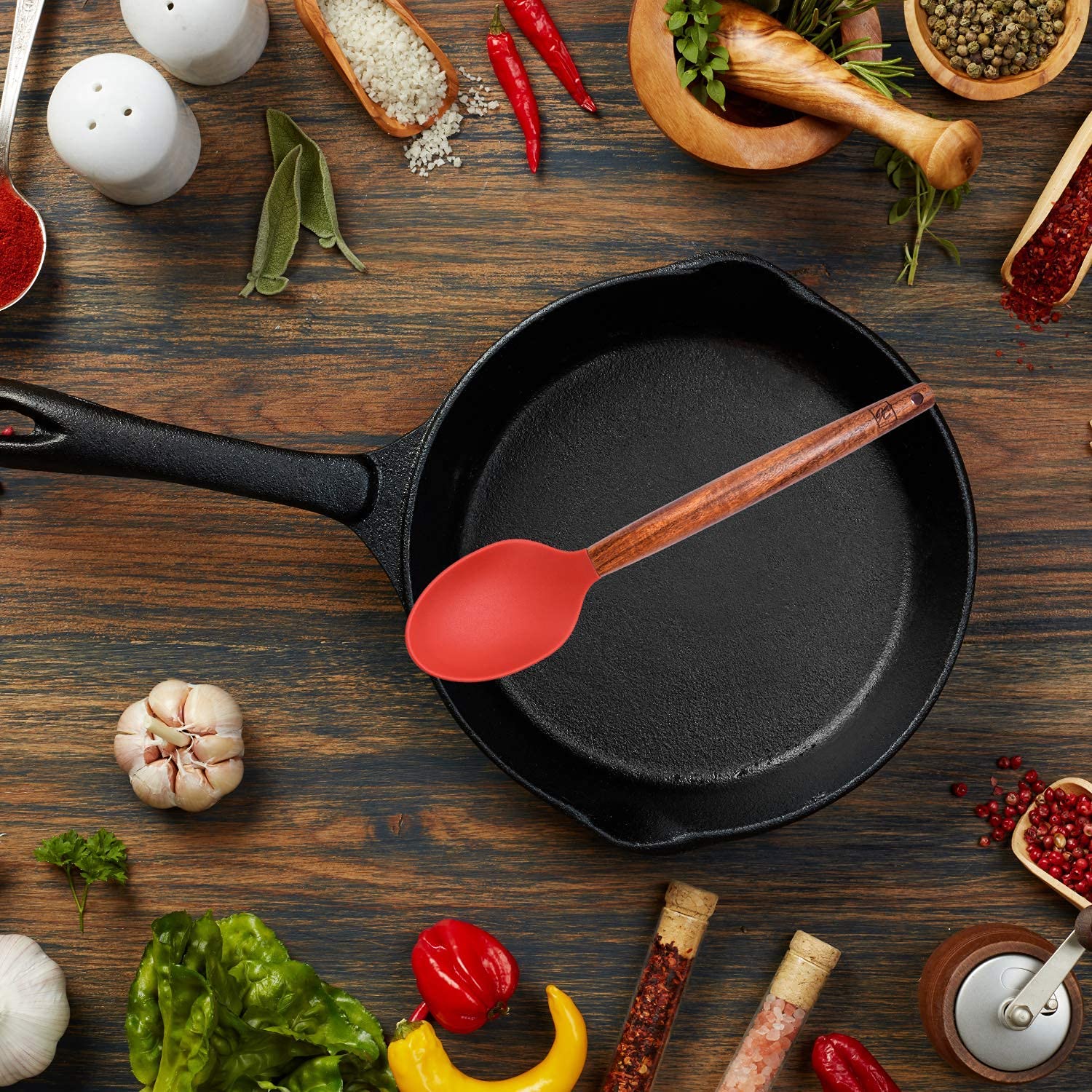 Instylecraft Silicone Kitchen Utensils Set Red Wood Cooking set, Kitchen Utensils Tools, Wooden Handle Spoons, Multi-functional TRIVET MAT BPA Free, Non Toxic, FOOD-GRADE SILICONE