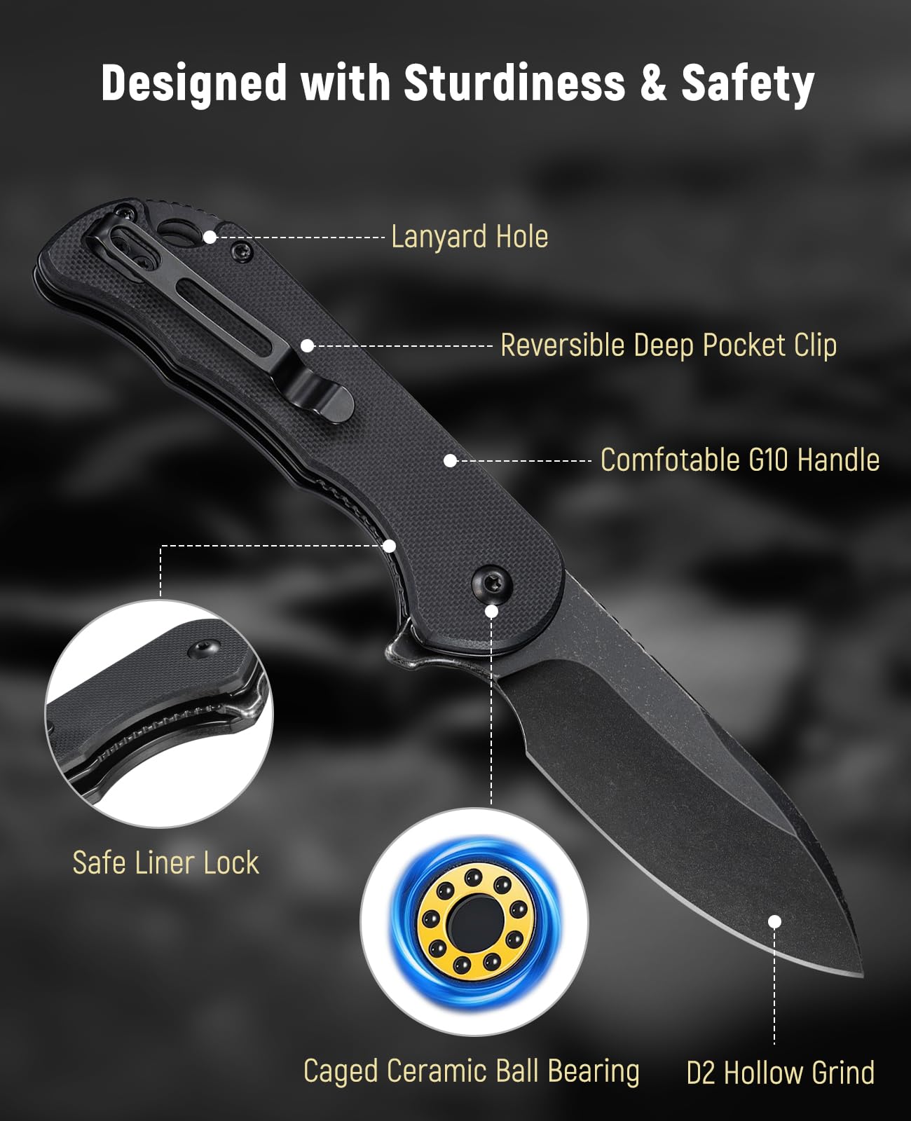 KEXMO Pocket Knife for Men - 2.99" D2 Blade G10 Handle Folding Pocket Knife with Clip - Small EDC Knife for Tactical Hunting Hiking Camping Survival Gift for Men Dad Women, Black