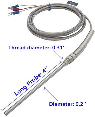 TWTADE Stainless Steel PT100 RTD Thermistor Temperature Sensor Probe,100mm / 4" Long Probe Thermocouple, Probe Diameter :5mm / 0.2" (Temperature Rang: -50~420°C) 5mm x 100mm x 2M MT-225A-100mm