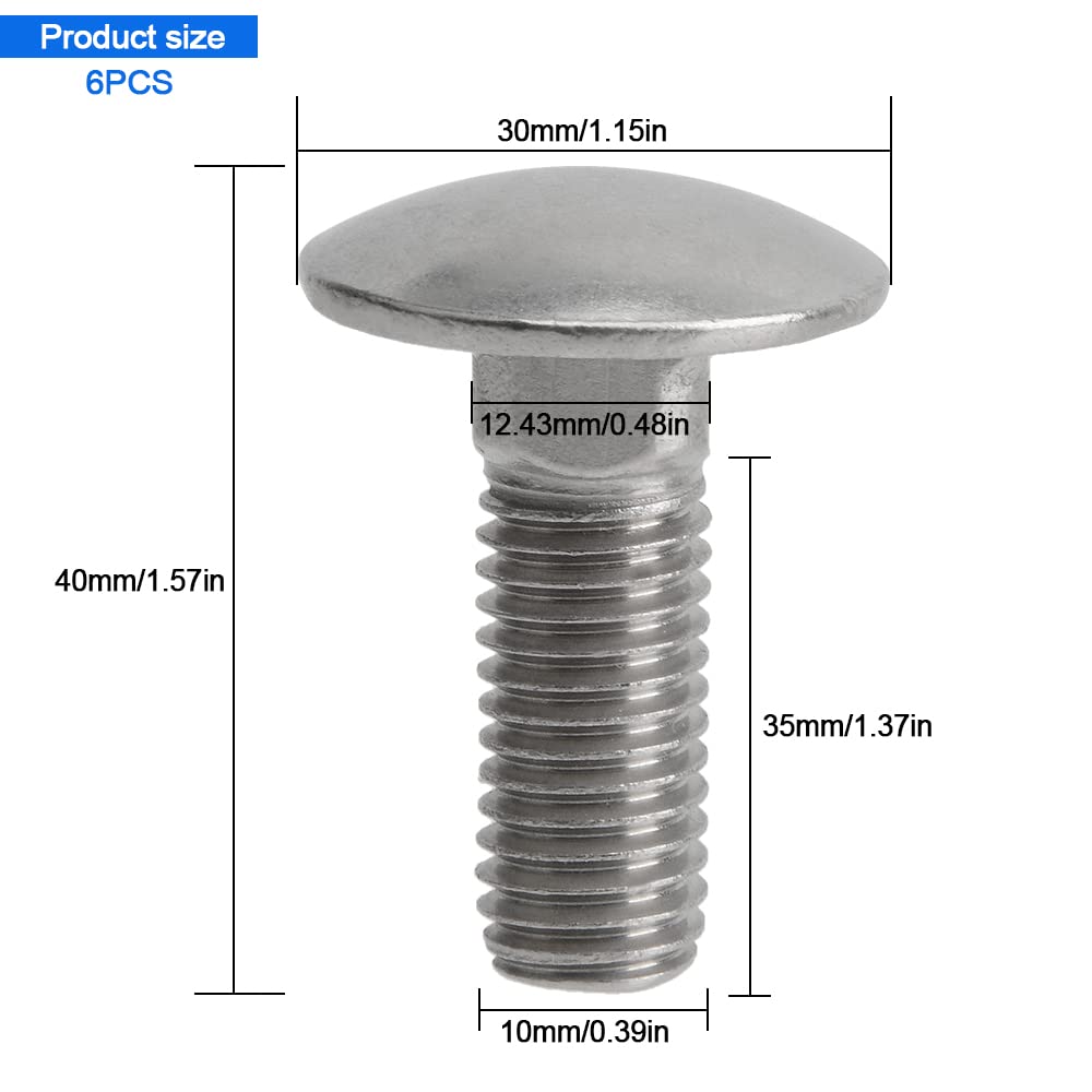 PENCK M12 Carriage Bolts, Thread Length 25mm/1", 304 Stainless Steel Carriage Bolt Screws, Round Head Square Neck Bolt Fasteners, Silver Tone, 6 Pcs