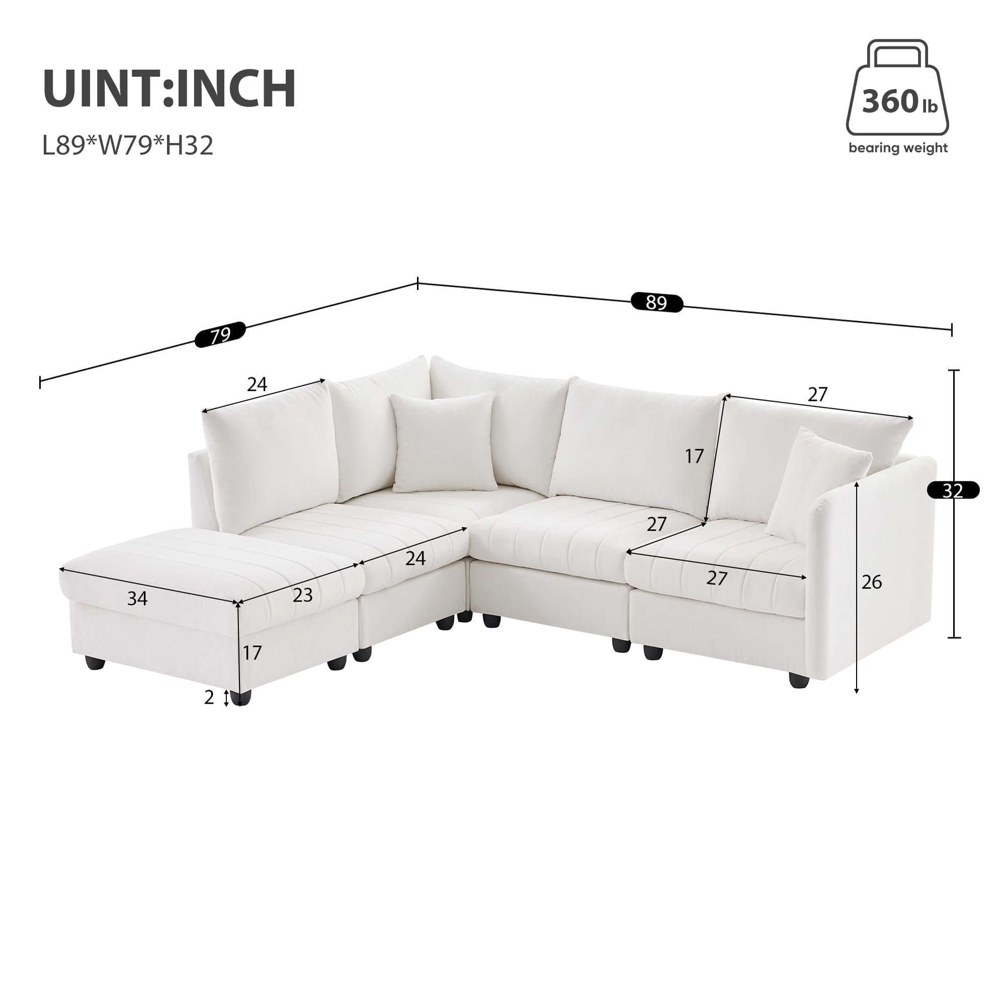 WIIS' IDEA Convertible Sectional Sofa Couch,2 Pillows,5-Seat Couch with Convertible Ottoman,Various Combinations,L-Shape Indoor Furniture for Living Room,Apartment,Office(White)