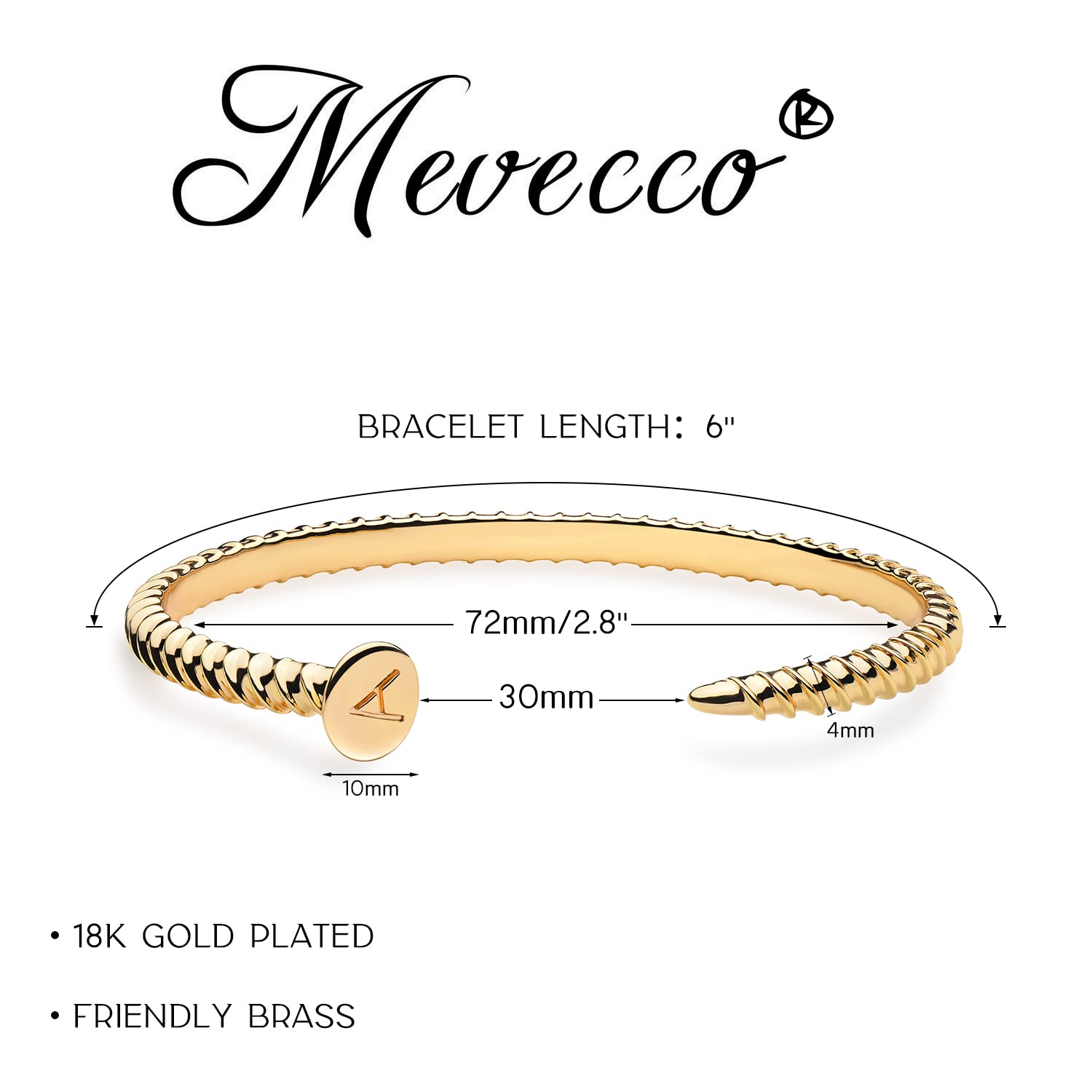 MEVECCO Gold Initial Nail Cuff Bracelets 18K Gold Plated Handmade Cute Cuff Bangle Dainty Letters Bracelets for Women Jewelry Gift(A)