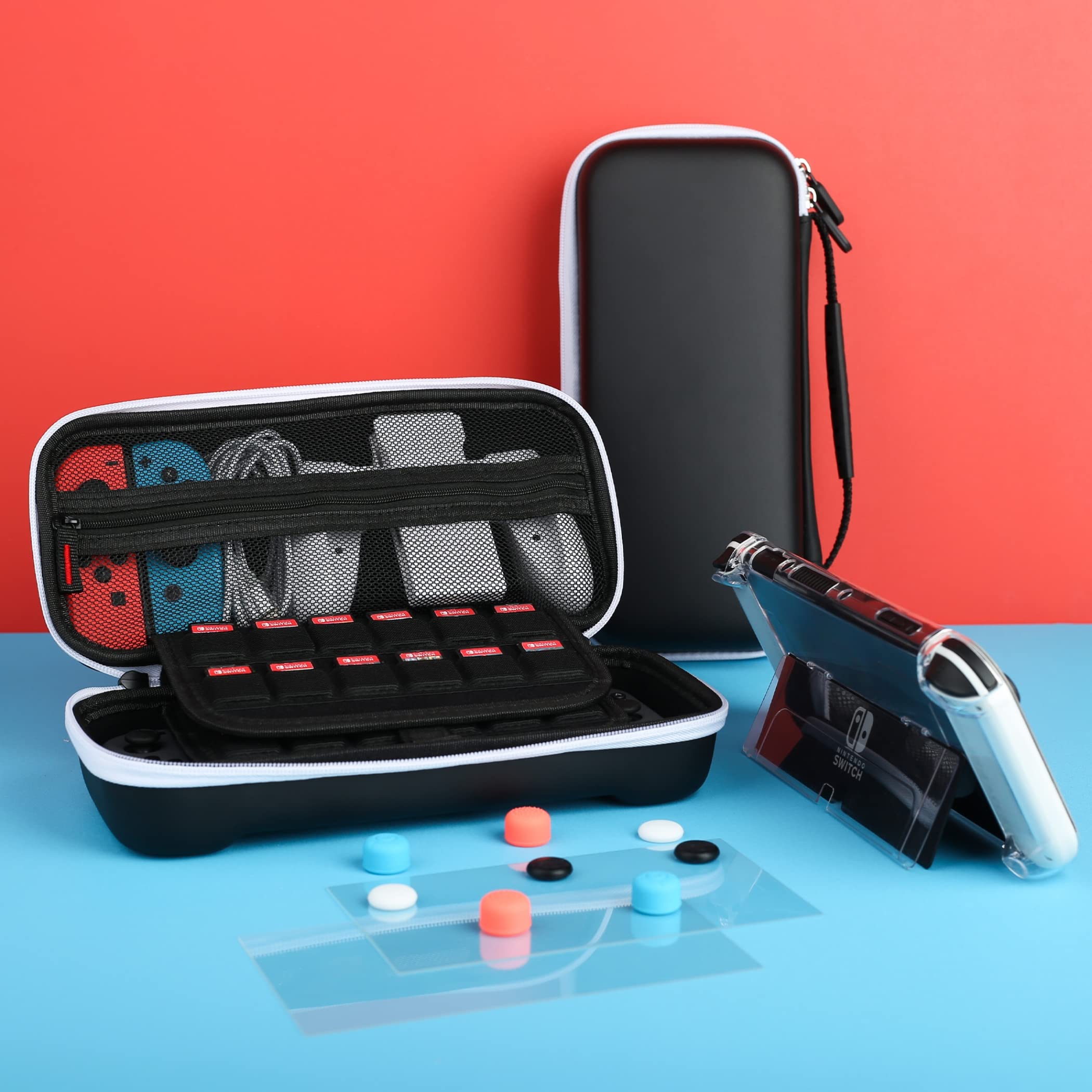 RHOTALL High Capacity Carrying Case Set Compatible with Nintendo Switch OLED, Portable Travel Bag Accessories Storage Case for Switch OLED with Protective Case, 2 Screen Protector and 8 Thumb Caps