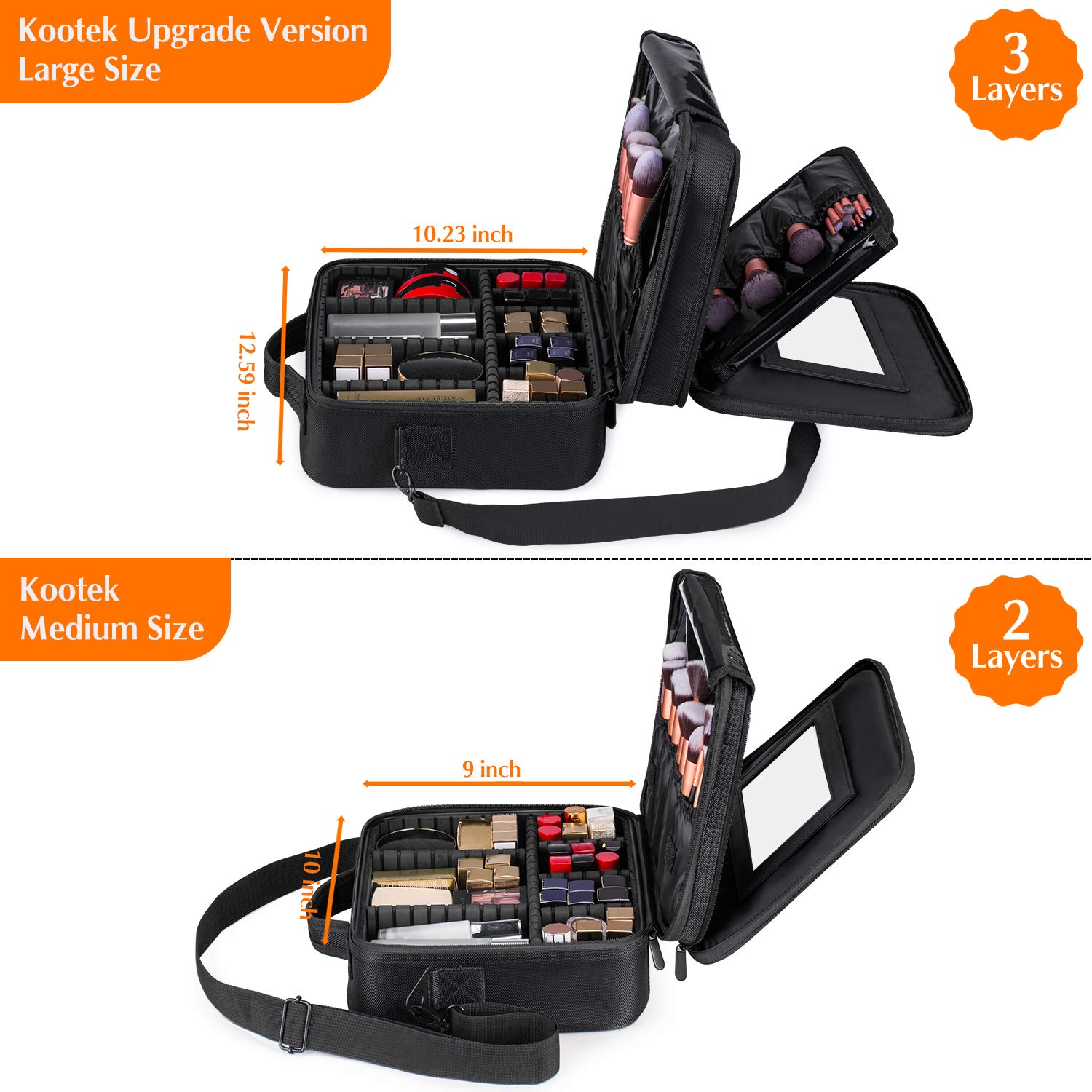Kootek Large Travel Makeup Bag 3-Layer Cosmetic Train Case Portable Toiletry Organizer with Mirror Removable Dividers Shoulder Strap for Makeup Tools Brushes Jewelry Digital Accessories