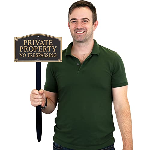 SmartSign “Private Property, No Trespassing” GardenBoss Statement Plaque | 5.75" x 9.5" Aluminum Plaque with 18" Black Lawn Stake