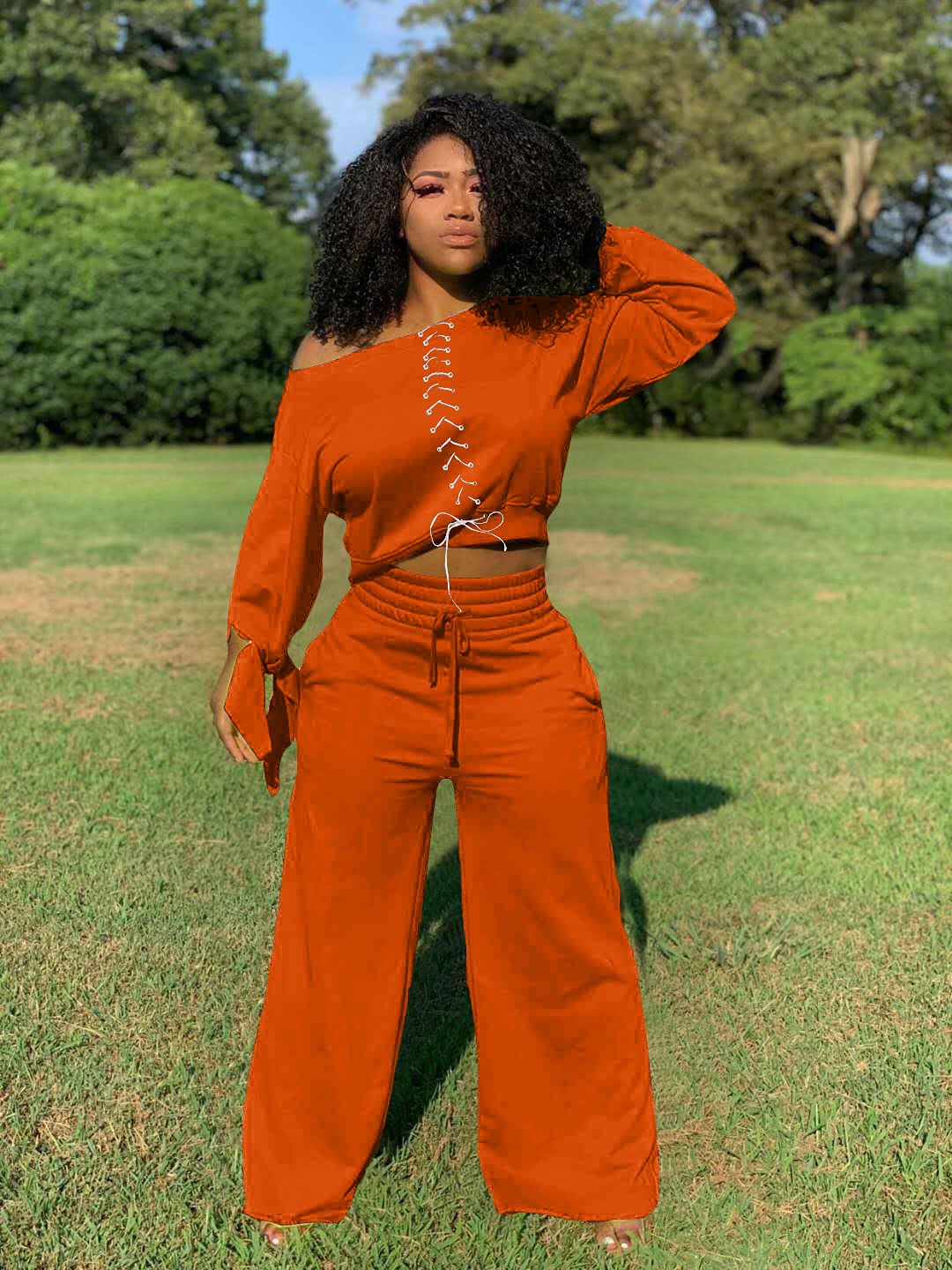 Molilove Women’s Solid Sweatsuit Set 2 Piece Long Sleeve Bandage Pullover and Drawstring Sweatpants Workout Outfits Sets Orange Medium