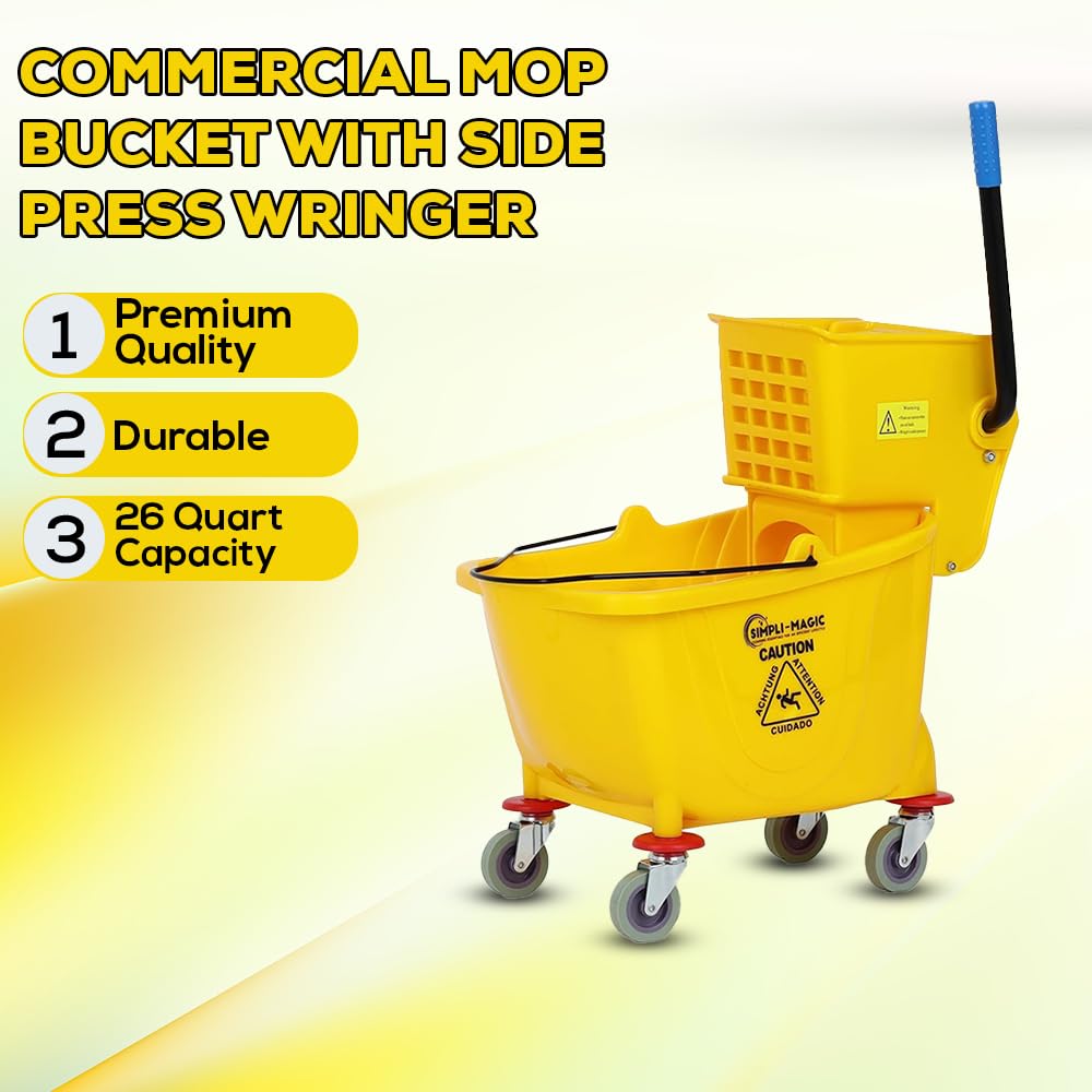 Simpli-Magic 79358 Commercial Mop Bucket with Side Press Wringer, 26 Quart, Yellow