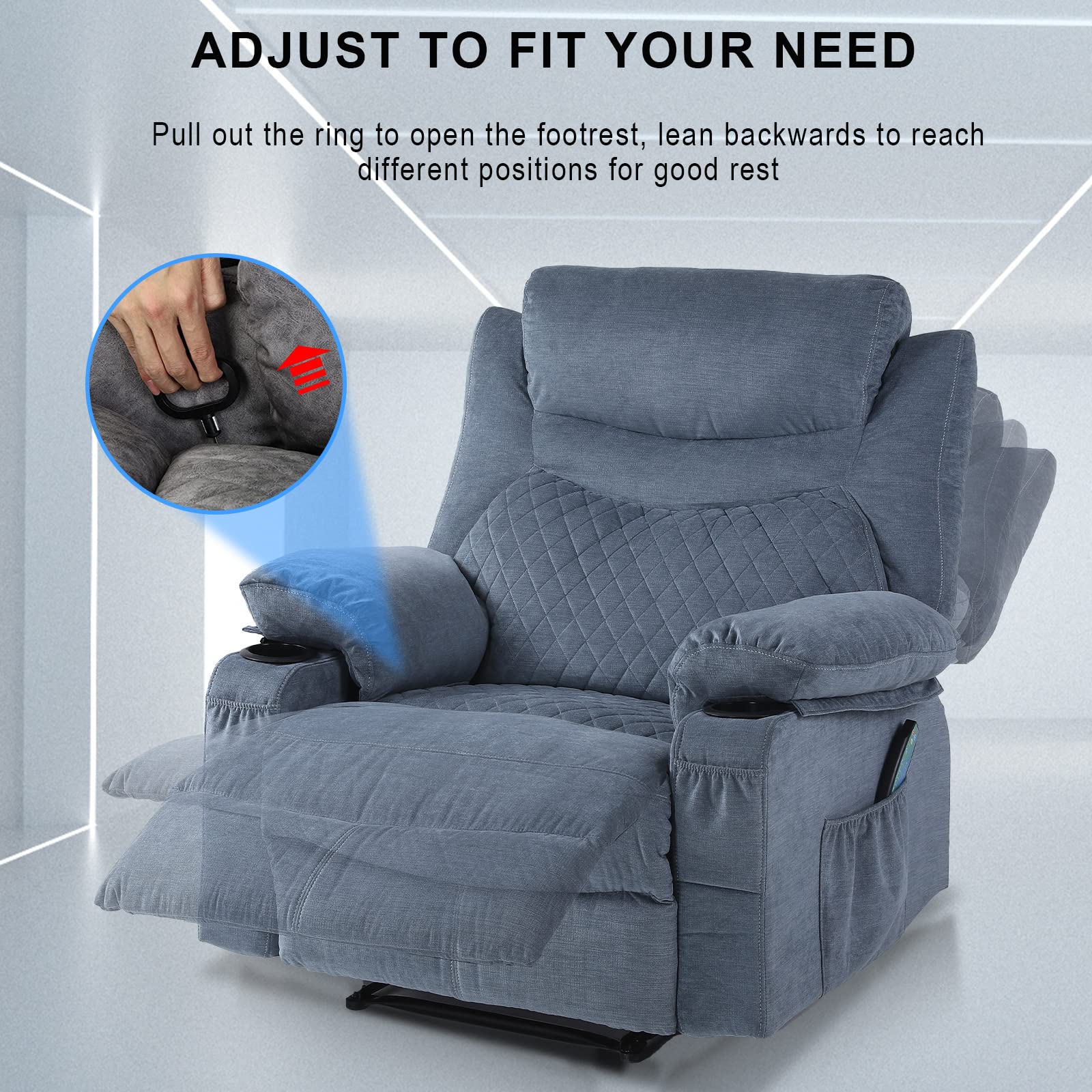 Kasorix Overstuffed Massage Recliner Chairs with Heat, Fabric Manual Reclining Chair with Cup Holders, Home Theater Seating Single Recliner Sofa (Blue), Medium(300lbs)