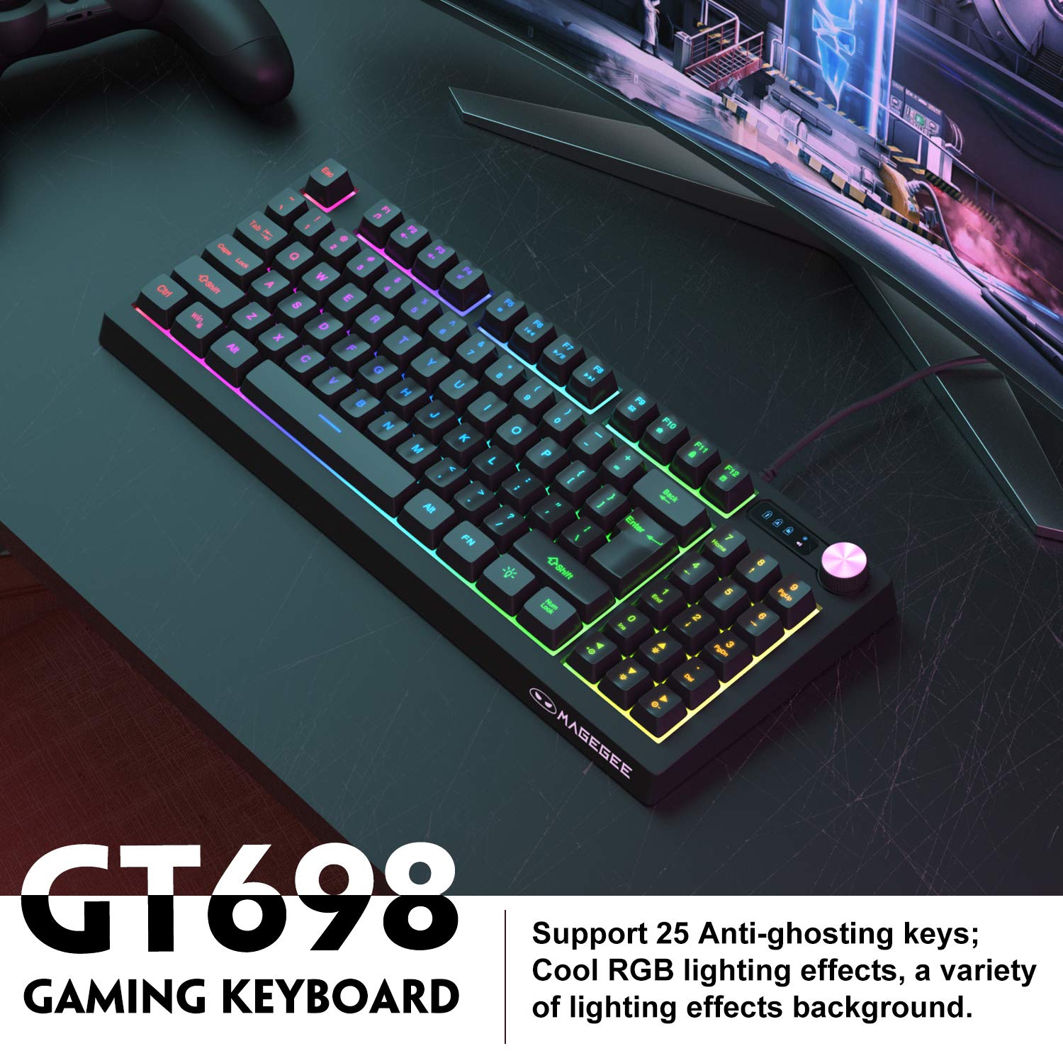 MageGee GT698 TKL Gaming Keyboard, 89 Keys RGB Rainbow Backlit Computer Keyboard, Anti-Ghosting USB Wired Gaming Keyboard for Windows Gaming PC Laptop