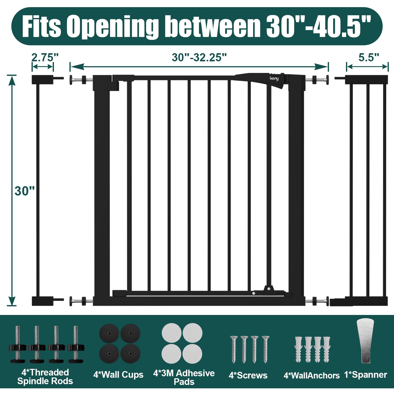 keny 30"-40.5" Baby Gate for Stairs, Auto Close Dog Gate with 21.1" Large Opening Walk Thru Door, Pressured Mounted Easy Install Pet Gate, 30" Tall, Grey