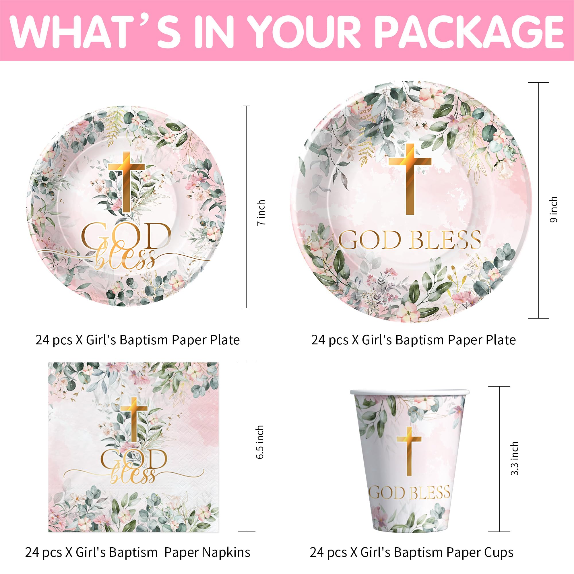 Suhelkit God Bless Baptism Plates And Napkins Girl - First Communion Decorations Party Tableware, Plate, Cup, Napkin, Tablecloth, Cutlery, For Christening Celebration Baby Shower Religious | Serve 24