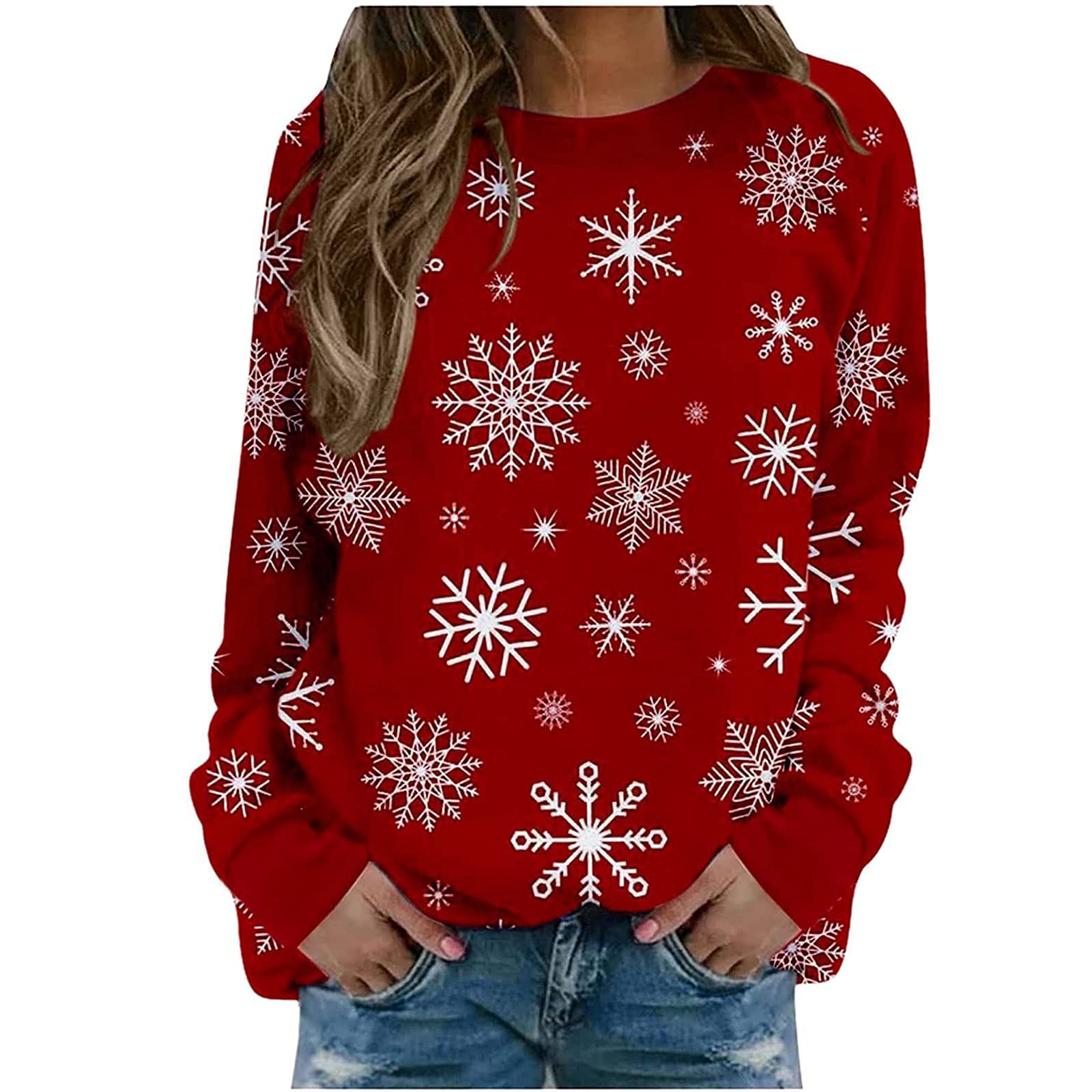 mnevn Fall Christmas Long Sleeve Sweatshirt, Shirt Tops for Women Casual Snowflake Print Crewneck Pullover Fashion Blouses Red