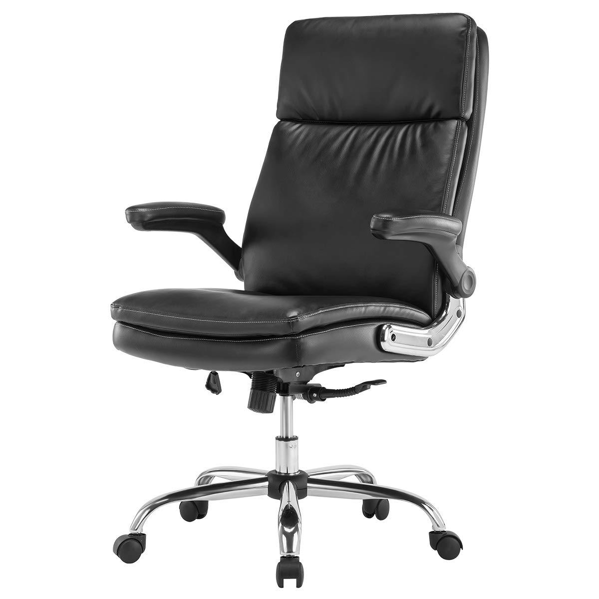 KERMS Executive Office Chair PU Leather Desk Chair with Lumbar Support and Flip Up Arms, High Back Office Chair Adjustable Recline Locking, Black