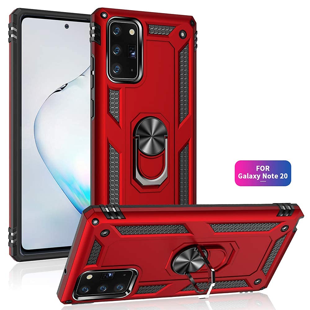Military Grade Drop Impact for Samsung Galaxy Note 20 Case Note 20 5G Case 360 Metal Rotating Ring Kickstand Holder Armor Heavy Duty Shockproof Case for Galaxy Note 20 5G Phone Case (Red)