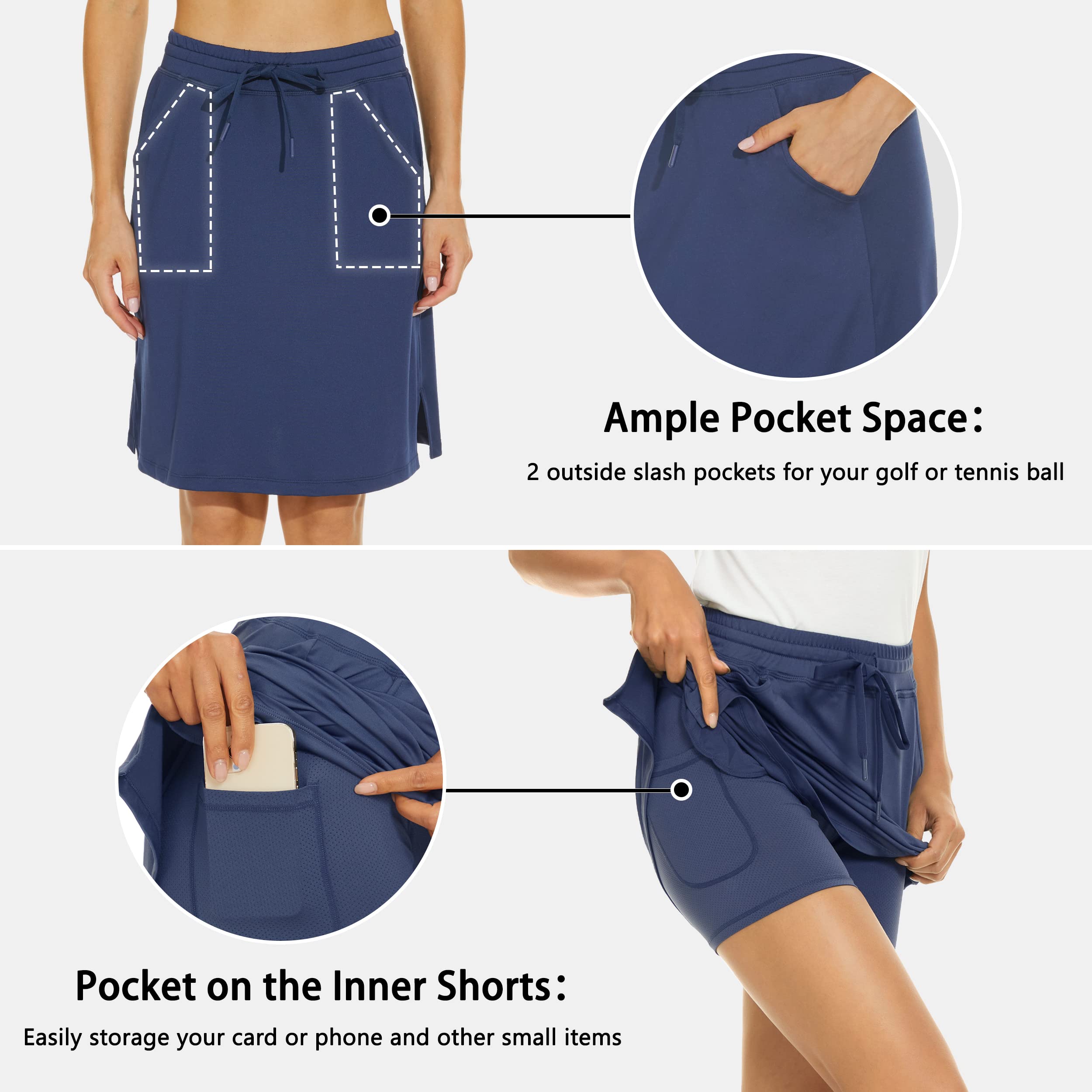 Moarol Women's Knee Length Skorts Long Golf Modest Athletic Casual Tennis Skirt for Summer with Pockets UPF50+ Navy Blue