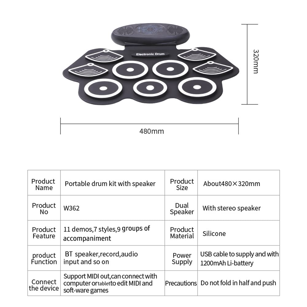 Taruor Portable 9 Pads Electronic Drum Set Roll Up Silicone Practice Drum Pad Built-in 2 Speakers Stereo Rechargeable Multifunction Tabletop Drum Support Recording Function/Audio Input/MIDI Output