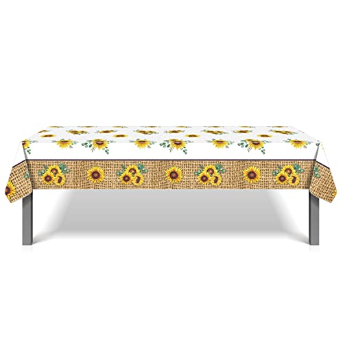 UOMNICUE Sunflower Party Tablecloth,2 PCS Plastic Sunflower Themed Yellow Floral Printed Table Cover Rectangular Table Cloth for Baby Shower Birthday Party Supplies Kitchen Dining Room Decoration