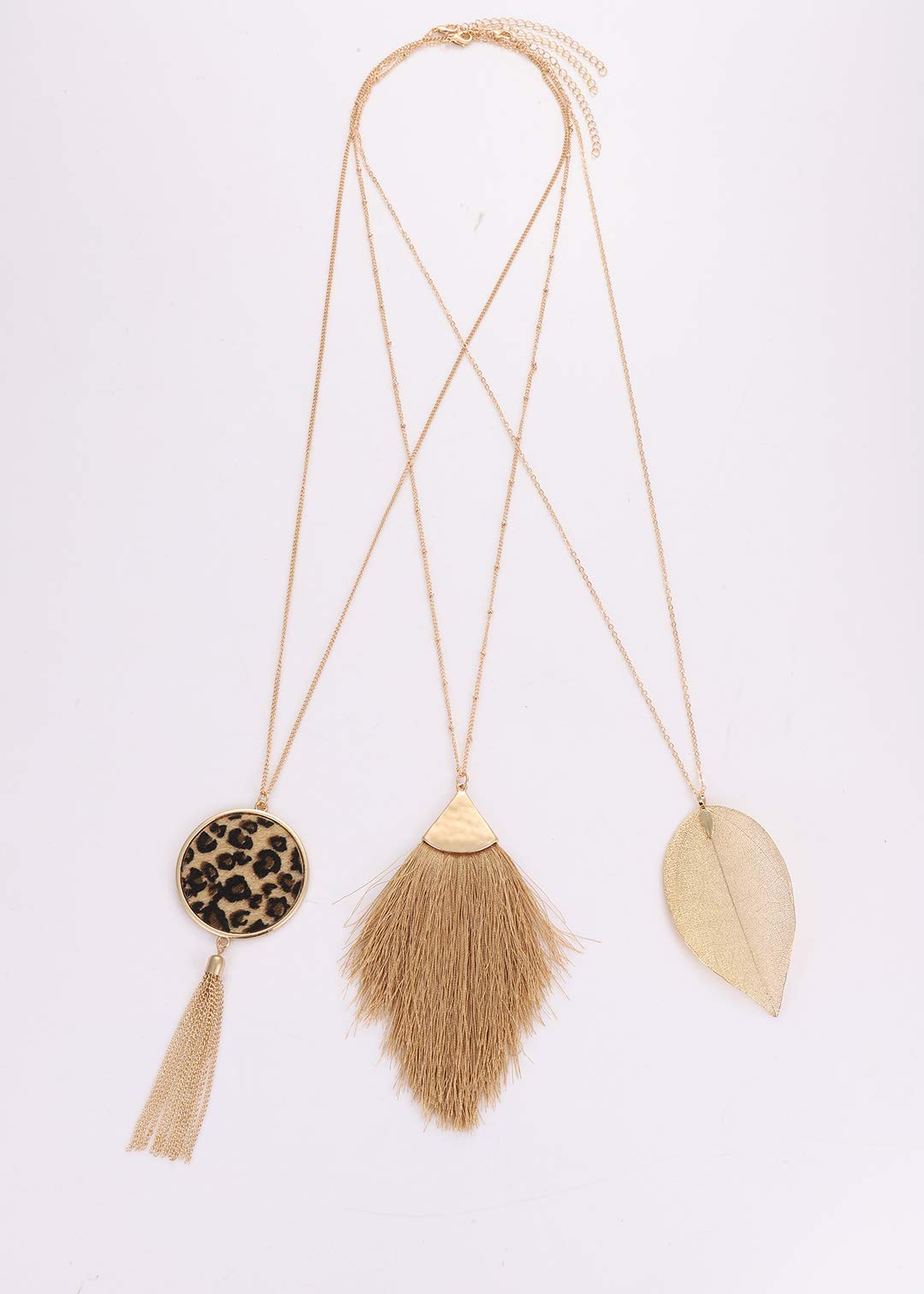LENOOCLE Long Necklace for Women Tassel Pendant Necklace Leaf Necklace Leopard Print Leather Y Shape Lariat Sweater Necklace Set