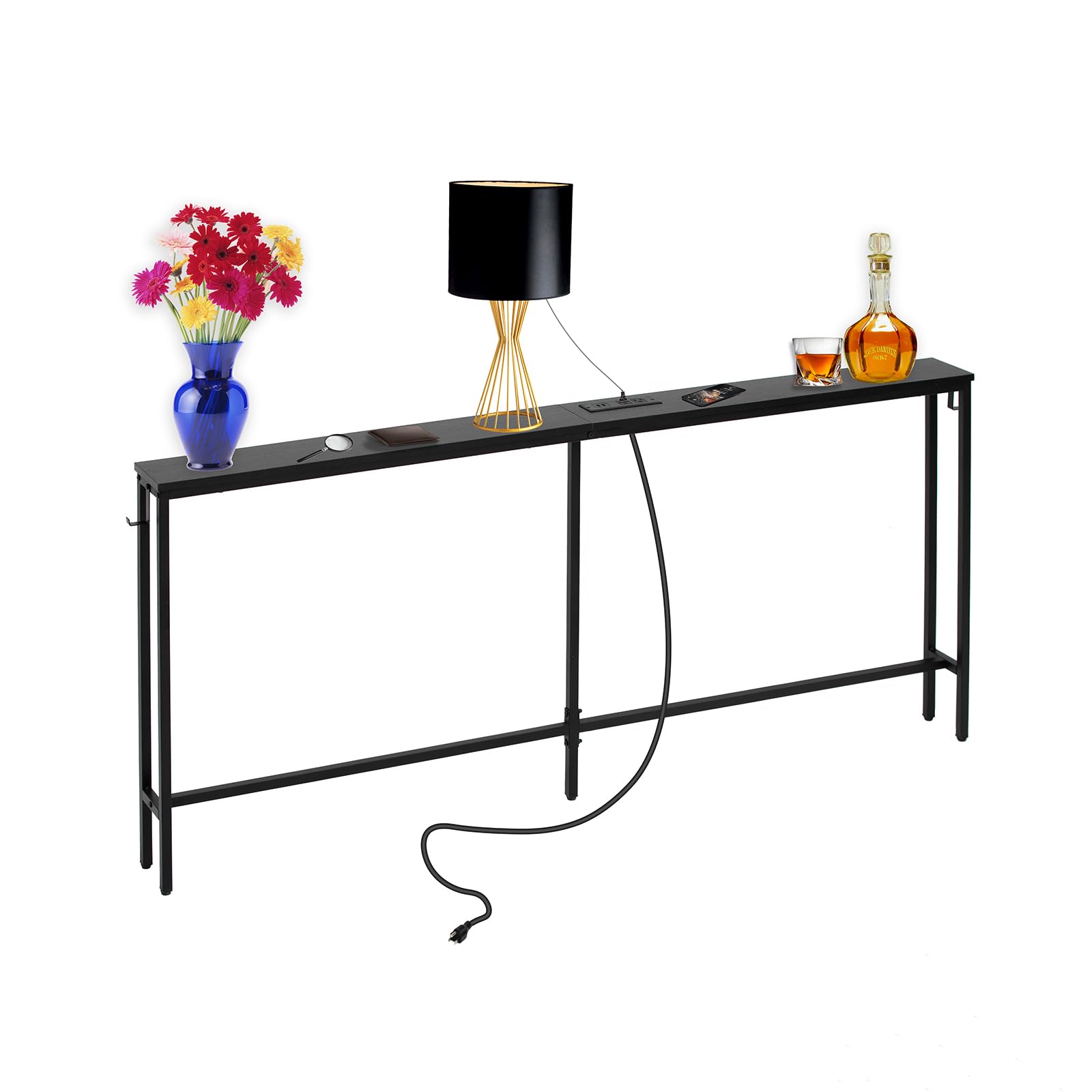 SUCRSIXBRO Console Table with Charging Station, 78.7" Narrow Sofa Table, Entryway Table with Outlets and USB Ports,Easy Assembly,Living Room, Bedroom,Greige+Black