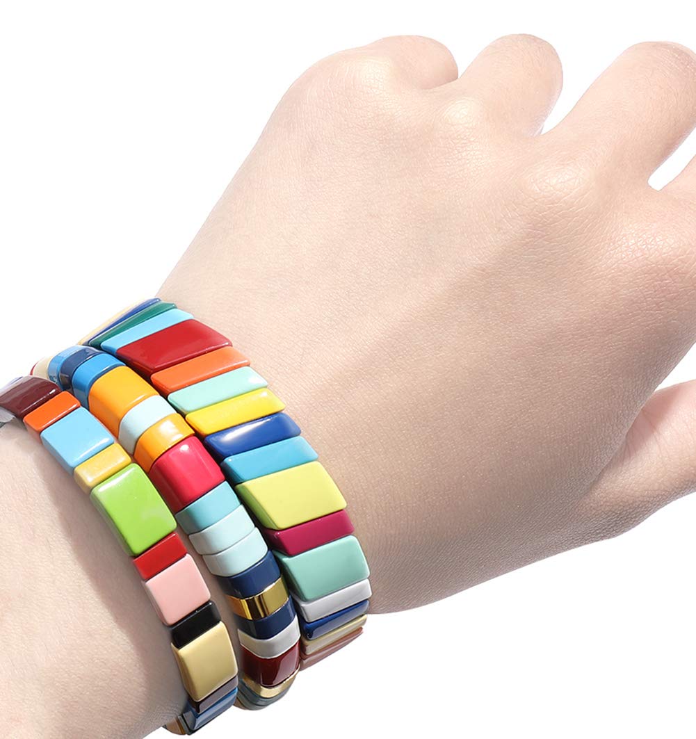 LENOOCLE Rainbow Enamel Tile Bracelet Colorful Enameled Beaded Stretch Bracelet Stackable Color-Block Strand Bracelet Set for Women Men (Rainbow light)