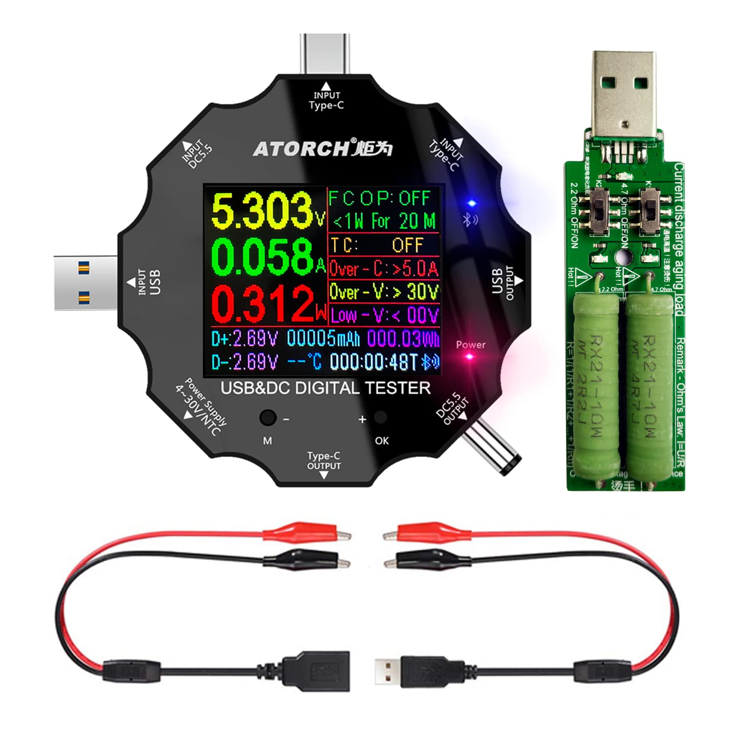 USB C Tester, 3 in 1 Type C DC5.5 USB Meter USB Load Color Screen IPS Digital Multimeter,Voltage,Current,Power,Resistance,Capacity Detector,with Clip Cable Support PD2.0/PD3.0,QC2.0/QC3.0